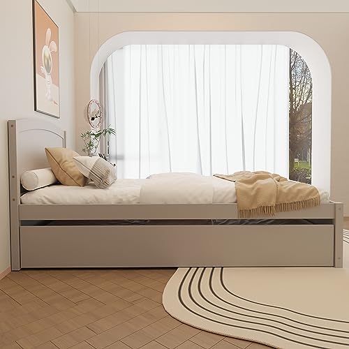 Xilingol Trundle Bed Twin, Solid Wood Bed Frames with Headboard and Wooden Slats Support, Twin Trundle Bed Frame Roll Out, Single Box Bed (No Box Spring Needed), Grey