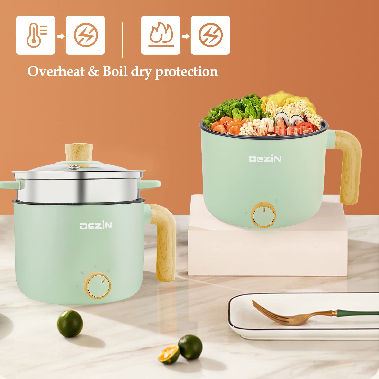 Dezin Hot Pot Electric, 1.5L Portable Ramen Cooker with Nonstick Coating, Mini Hot Pot for Dorm/Office/Travel, Multi-Function Hot Pot for Stir Fry, Steak, Noodles, Soup, Pasta (Egg Rack Included) (Green / Nonstick)