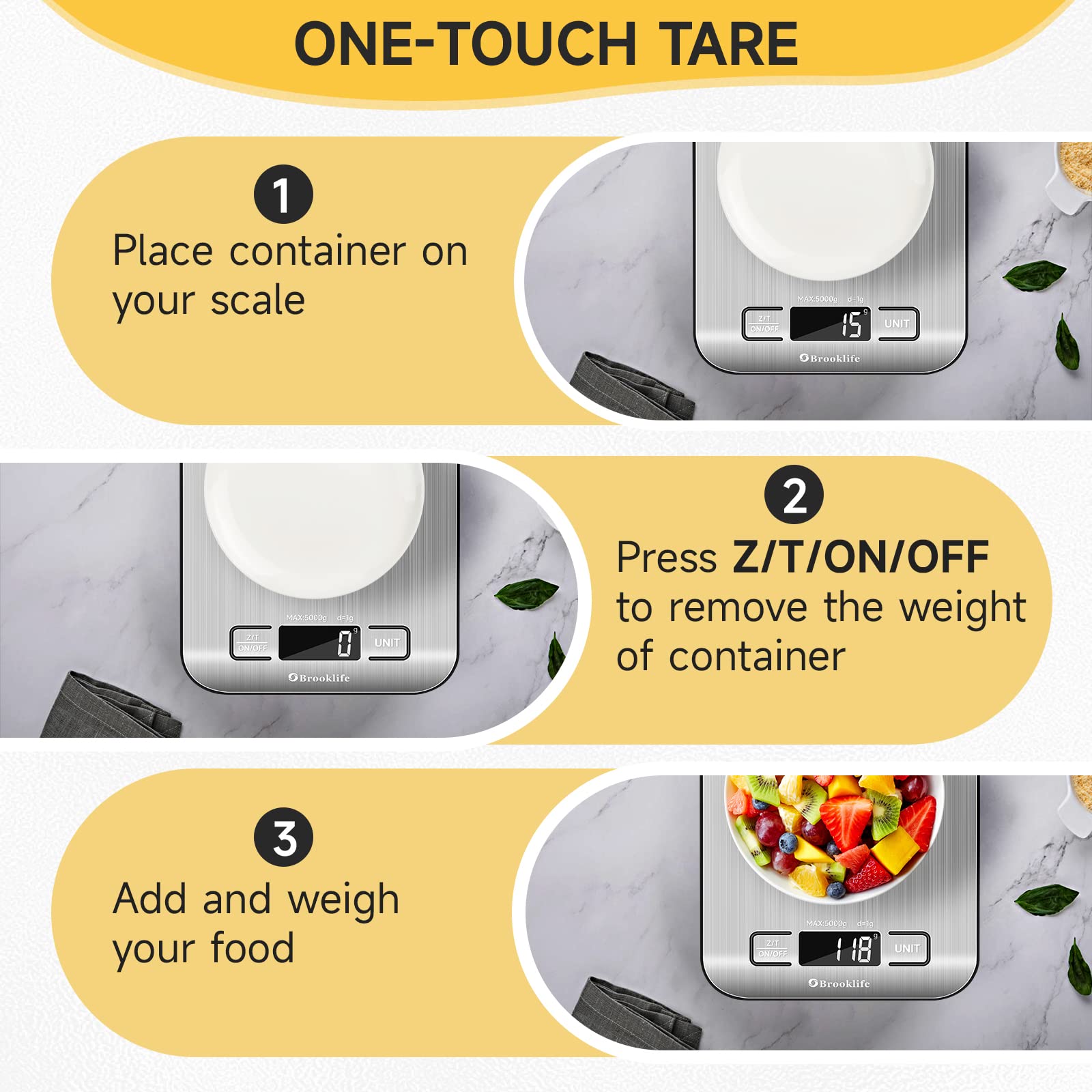 Brooklife Compact and Large Digital Kitchen Scales, Food Scales, for Baking and Cooking, Food-Grade Stainless Steel, Built-in AAA Batteries included, 6 Units with Tare Function (Large)