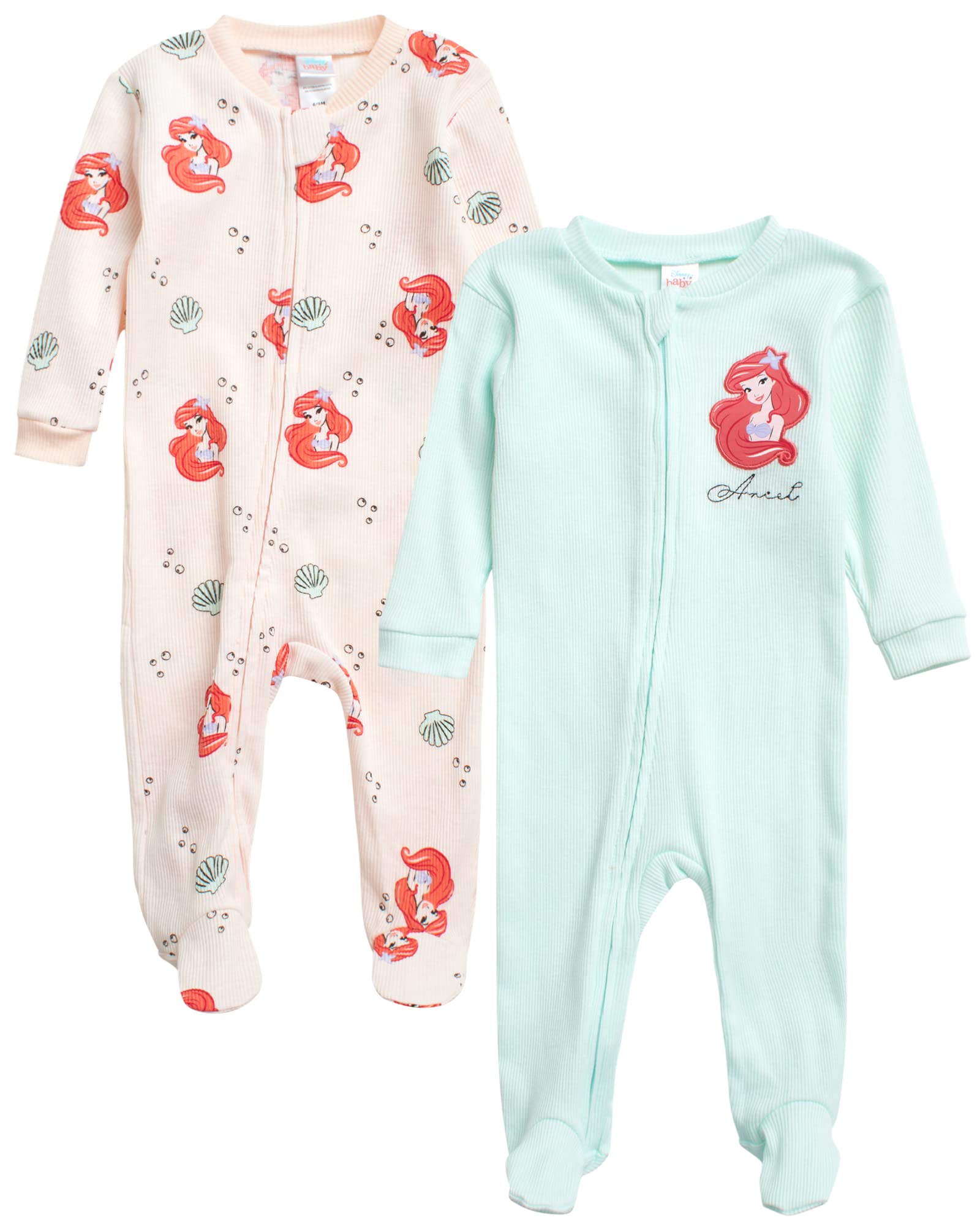 Disney Baby Girls' Minnie Mouse Romper - 2 Pack Footed Bodysuit Coveralls (0-9M), Size 6-9 Months, Pink Ariel Mermaid