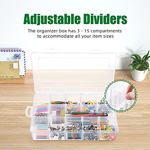 iBune 15 Grids Large Plastic Compartment Container for Washi Tape, Bead Storage Organizer Box Case with Removable Dividers for Jewelry Craft Tackles Tools, Size 11 x 7 x 2.3 in, White¡