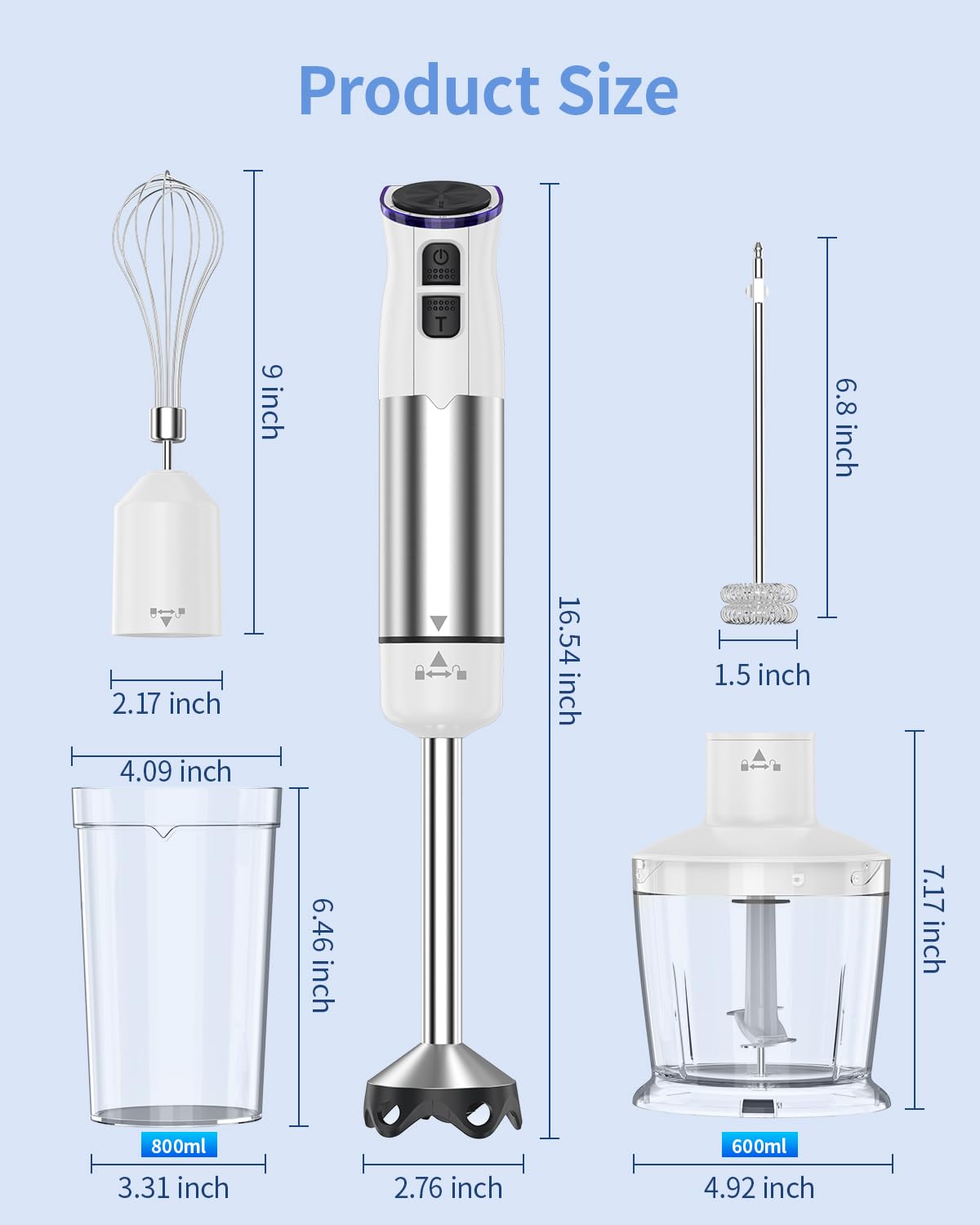 Electric Immersion Blender Handheld 1200W, 5-in-1 Hand Blender Mixer for Kitchen with 20-Speed & Turbo Boost, 600ml Chopper, 800ml Beaker