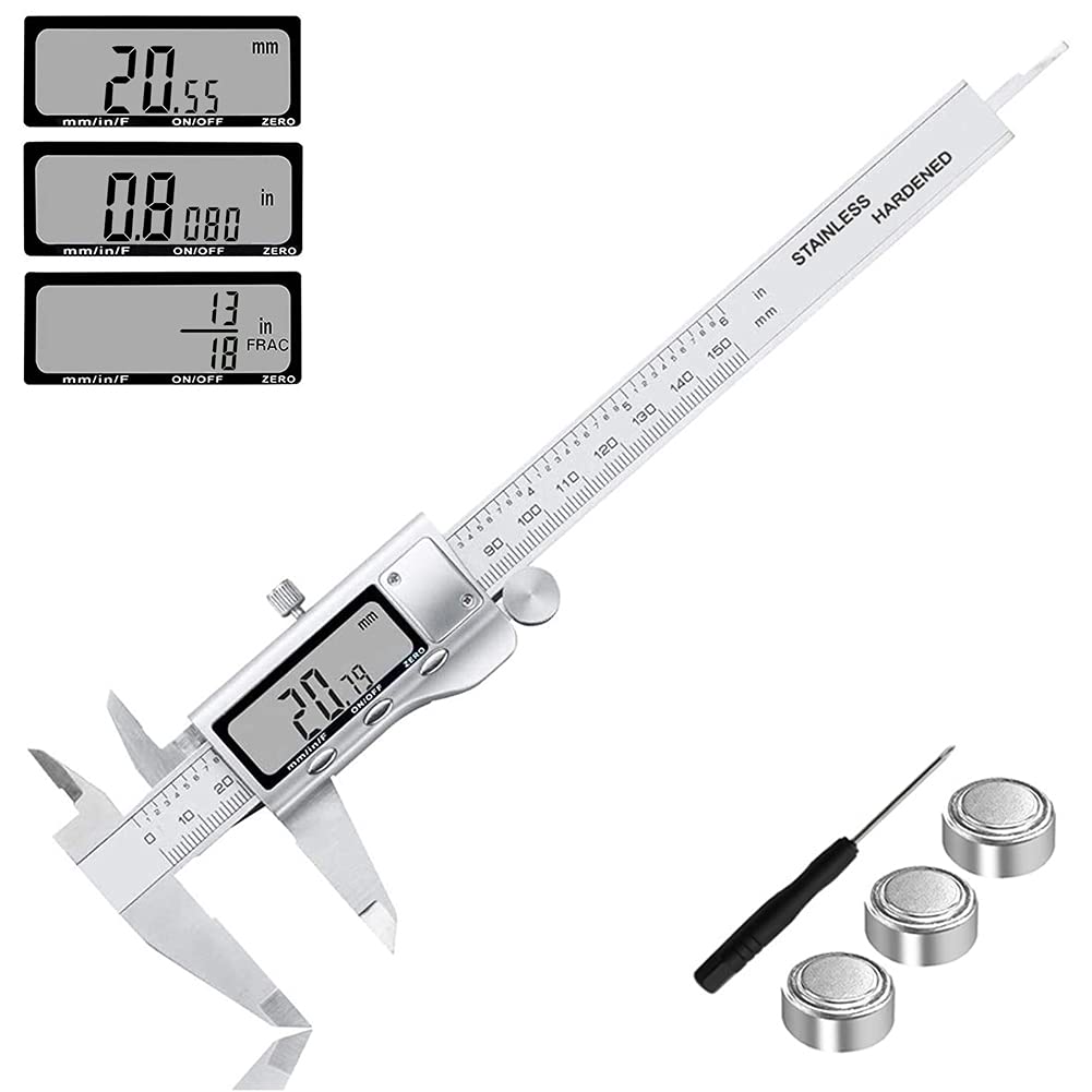 Digital Caliper 6 Inch Stainless Steel Vernier Caliper Digital Electronic Micrometer Caliper Measuring Tool Waterproof Inch/Metric/Fractions Conversion Large LCD Display Auto-Off