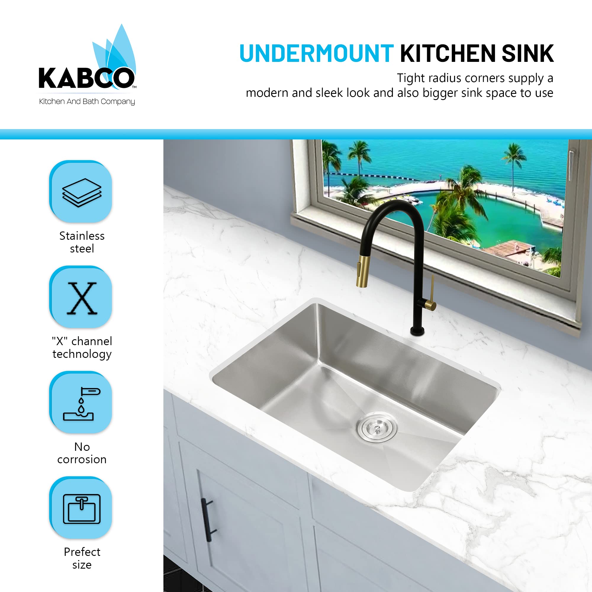 KABCO 18 Gauge 27 Inch Single Bowl Undermount Stainless Steel Kitchen Sink, Rust Resistant Sound and Heatproof Laser Cut Tight Radius SInk for Indoor or Outdoor Kitchens