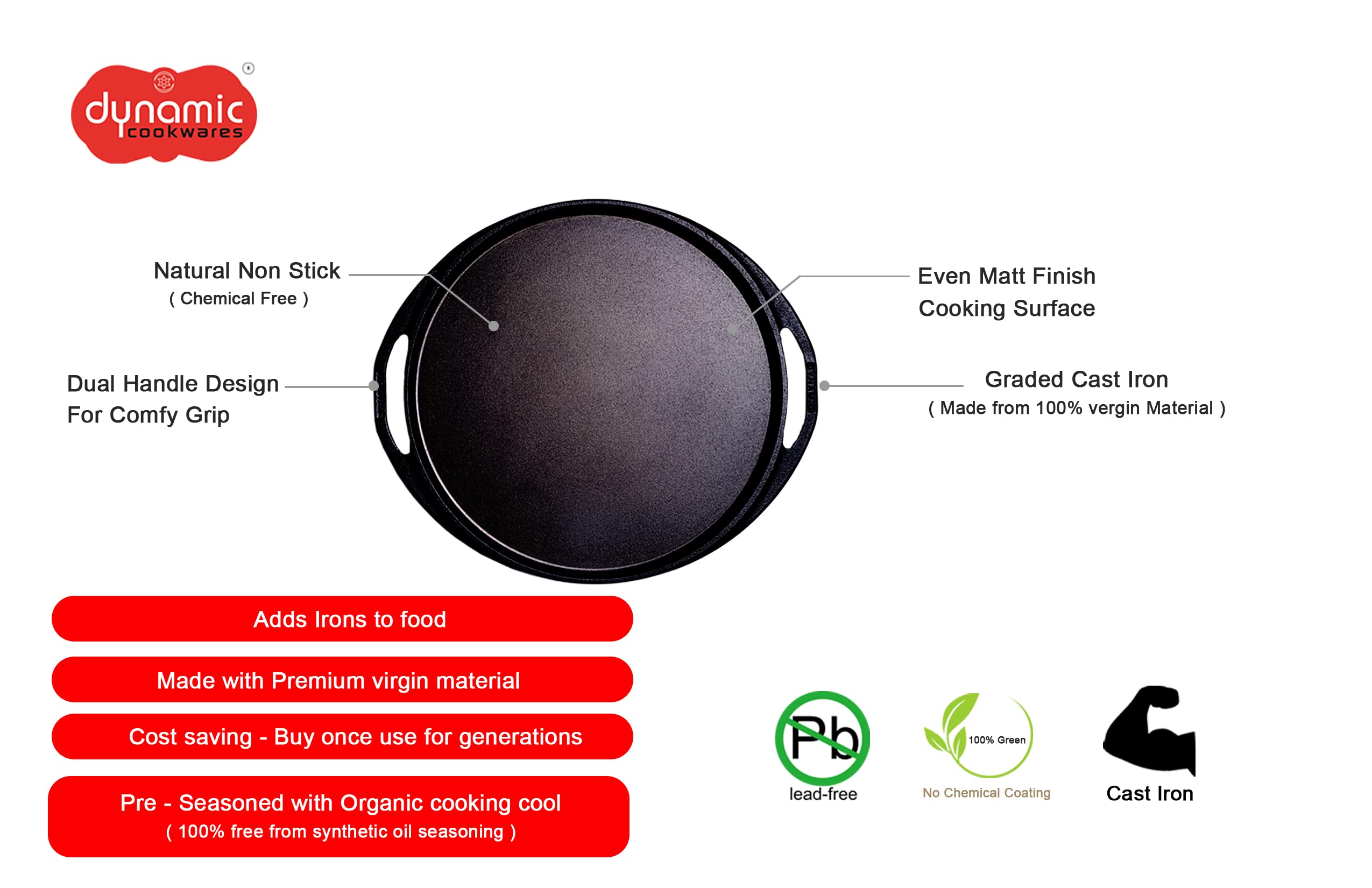 DYNAMIC COOKWARES Cast Iron Dosa Tawa 11 Inch, 28CM