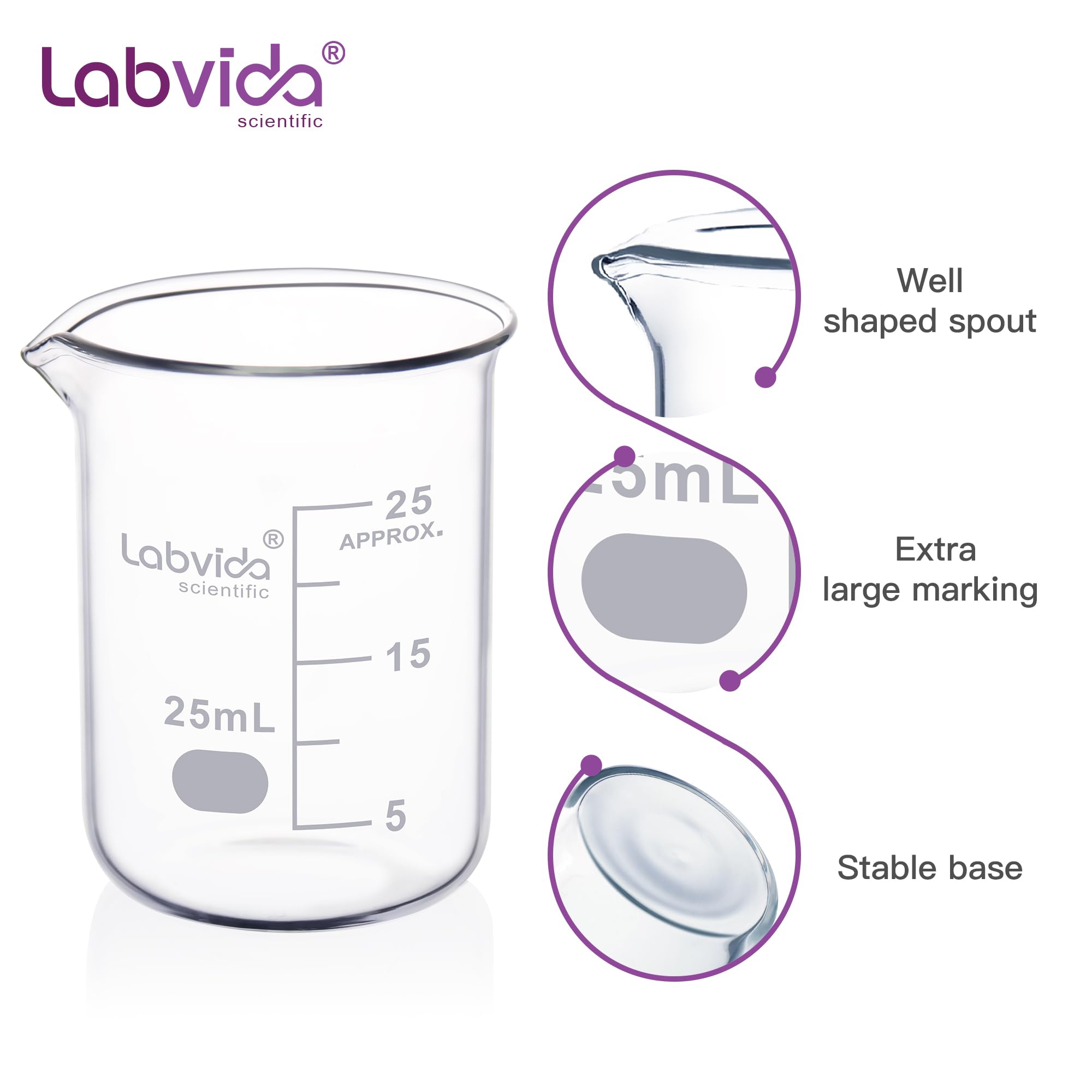 Labvida 24pcs of Low Form Glass Beakers, 3.3 Borosilicate with Printed Graduation, Vol.25ml,LVA037