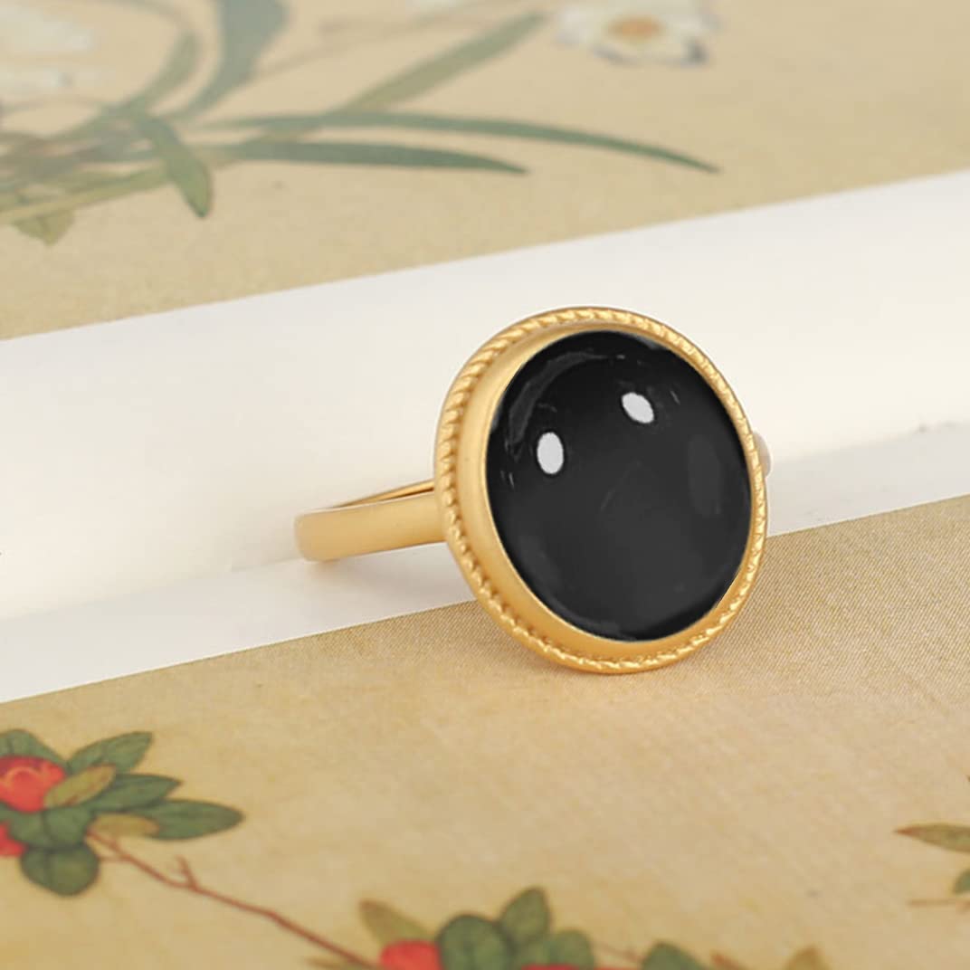 DALEGEM Women 14K Gold Natural Round Agate Onyx Stone Ring,Real Genuine Crystal Quartz Gemstone Stone Ring Jewelry for Women (Stone_C, Adjustable)
