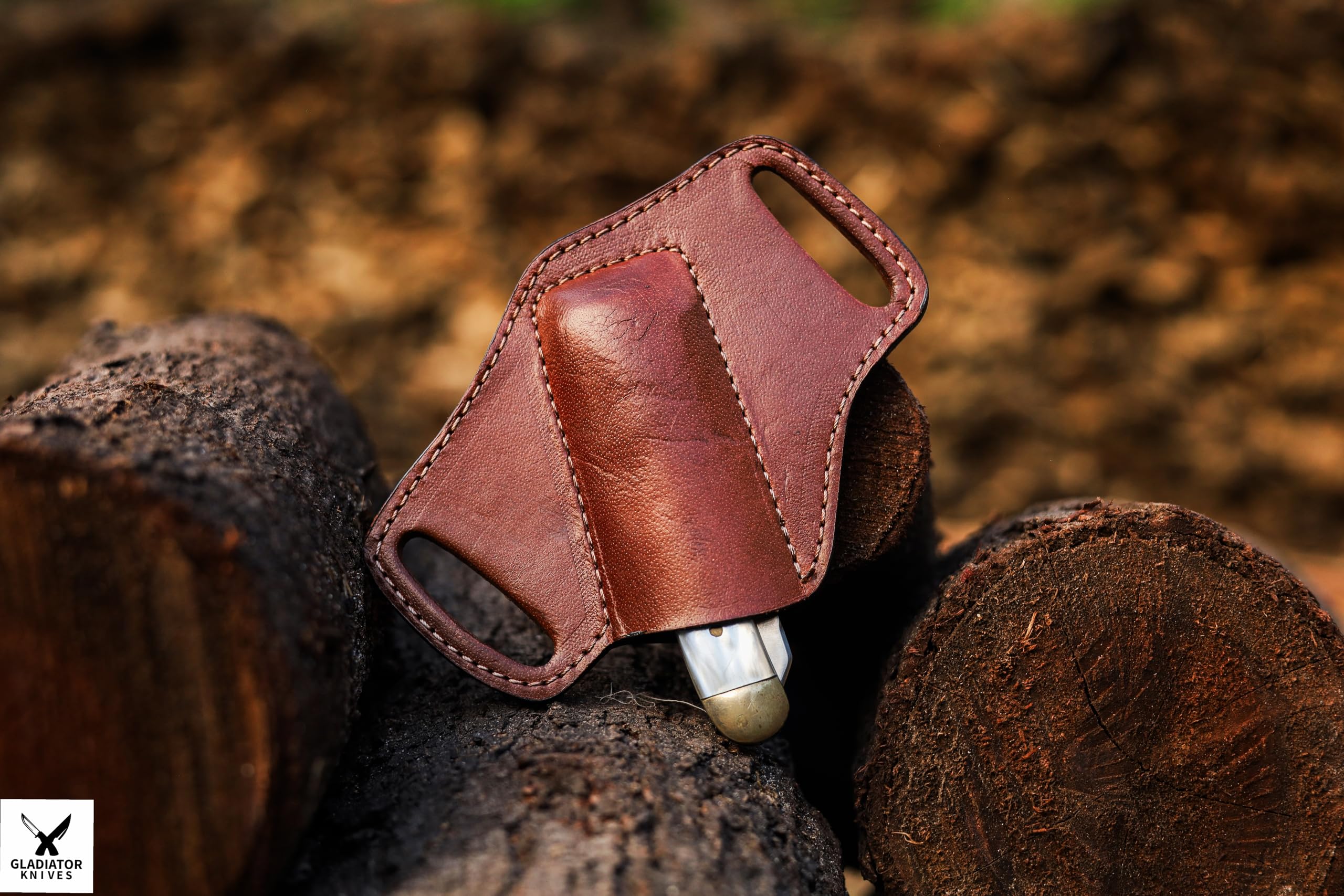 Handmade Leather Sheath for Pocket Knives, Slanted Pancake/Tooled/Belt/Trapper Style, TAN, 100% Real Leather (Brown)