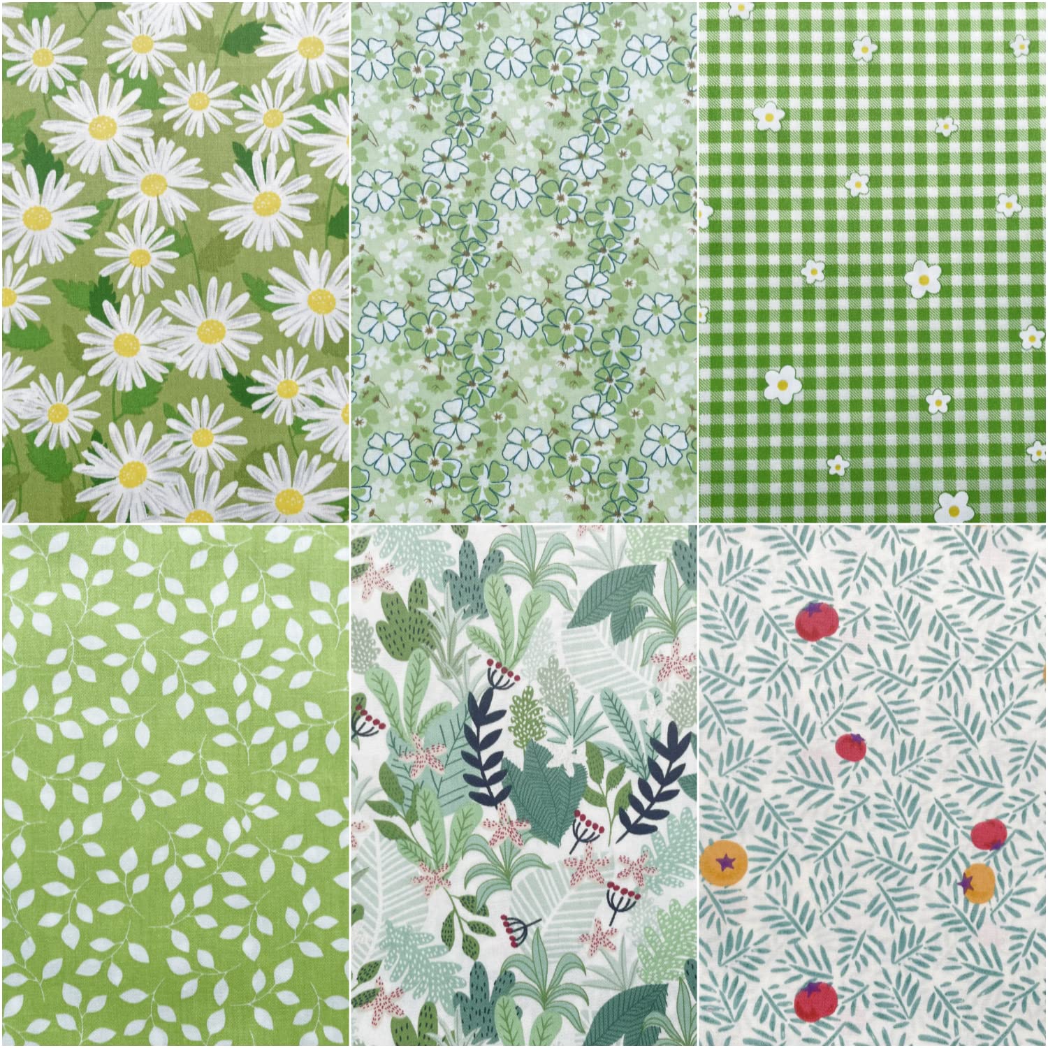 Green Daisy Fat Quarters Fabric Bundles 18 x 22 Inch Spring Cotton Quilting Fabric Bundles Cactus Leaf Quilt Fabric for DIY Handmade Crafting (6Pcs)