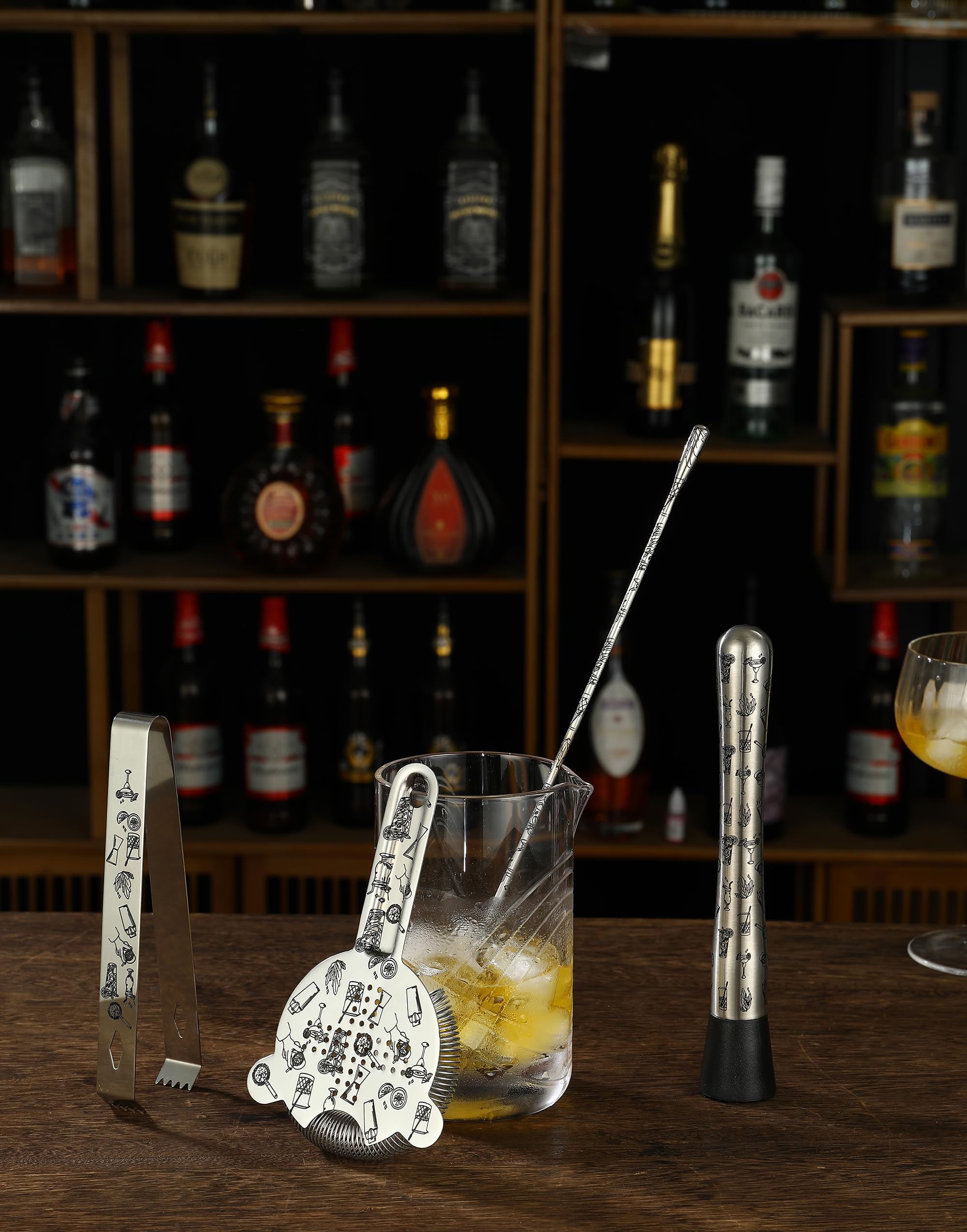 Cocktail Geek Etched Bartender Kit Cocktail Shaker Set-7 Pieces Stainless Steel Etching Bar Tools with Boston Shaker,Bar Spoon,Cocktail Muddler,Double Jigger,Cocktail Strainer,Ice Tongs