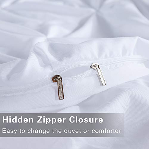 Litanika White Queen Pinch Pleat Duvet Cover, 3 Pieces Pintuck Cover Soft Microfiber Bedding Set with Zipper Closure & Corner Ties(90x90Inch-1 Duvet Cover, 2 Pillowcases)
