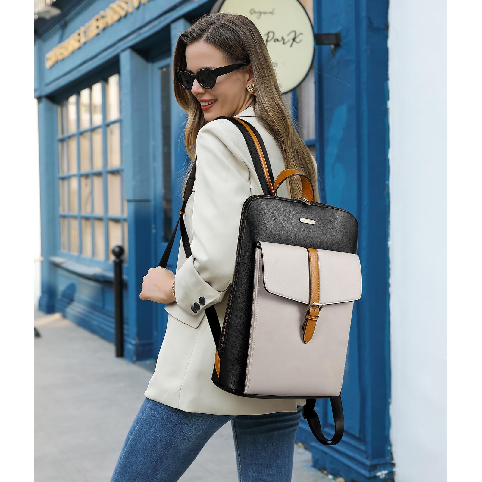 CLUCI Leather Laptop Backpack for Women 15.6 inch Computer Backpack Stylish Travel Backpack Purse for Women Work Daypack Bag Black-white with yellow