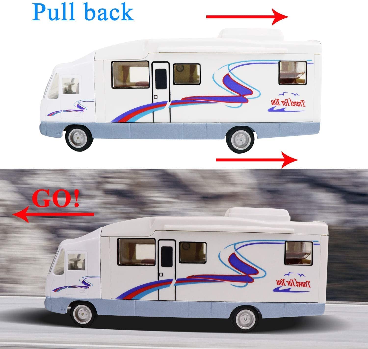 HAPTIME Cool Mini Motorhome Toy Die-cast Car Pullback Recreational Vehicle Pull Back RV with DIY Furnitures Holiday Camper Van Model for Kids Children Gift 7.6 inch (White)