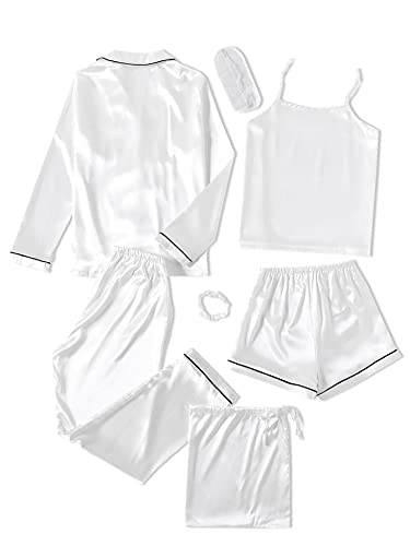 LYANER Women's Pajamas Set 7pcs Silk Satin Sleepwear Loungewear Cami Shirt Pj Set White Small
