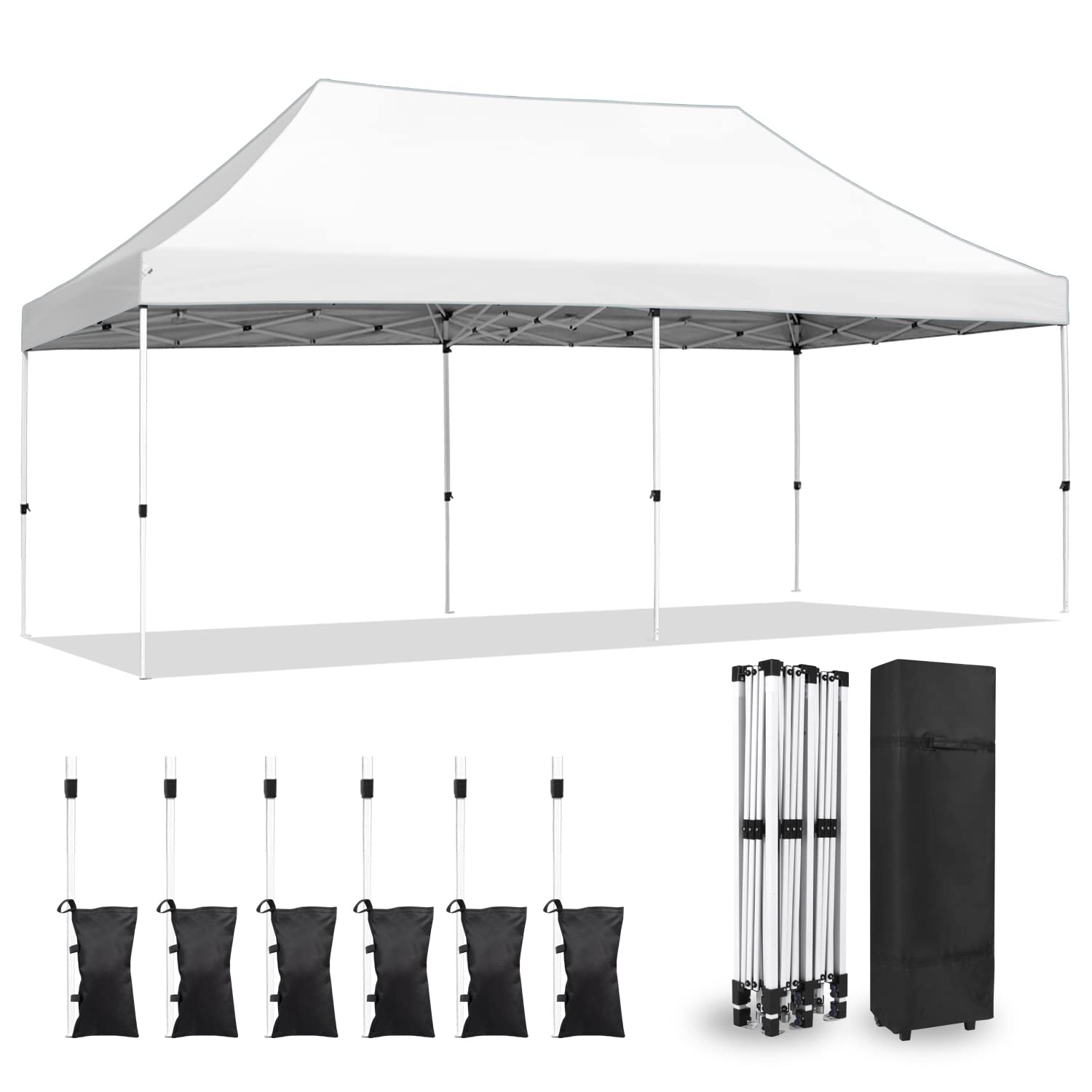 CAJECUS 10' x 20' Pop Up Canopy, Durable Easy Beach Canopy Tent, Waterproof Outdoor Canopy with 3 Adjustable Height, Roller Bag, 6 Sand Bags, 4 Ropes and 8 Stakes