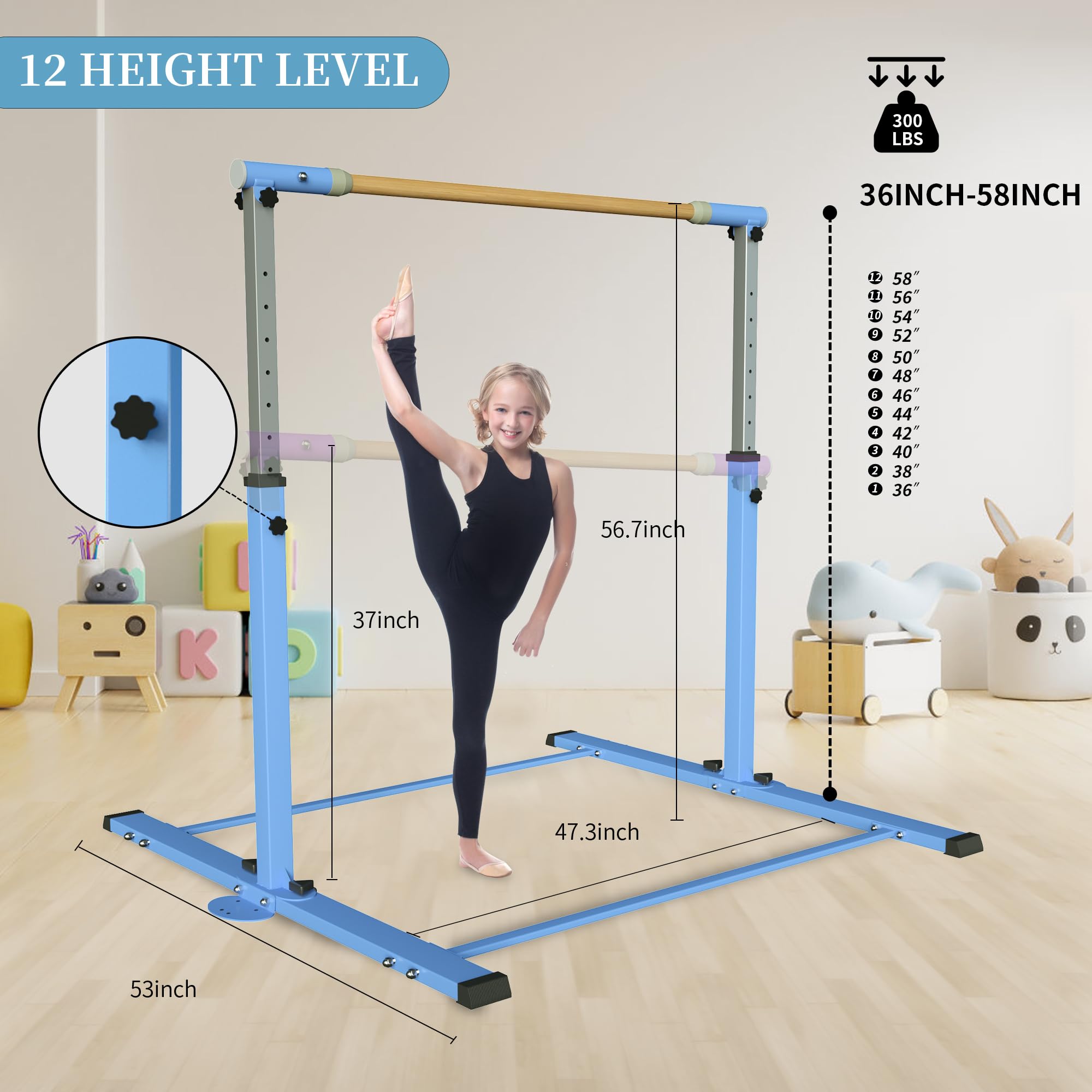 EL&IT·Wings Gymnastic Kip Bar,Horizontal Bar for Kids Girls Junior,3' to 5' Adjustable Height,Home Gym Equipment,Ideal for Indoor and Home Training,300lbs Weight Capacity