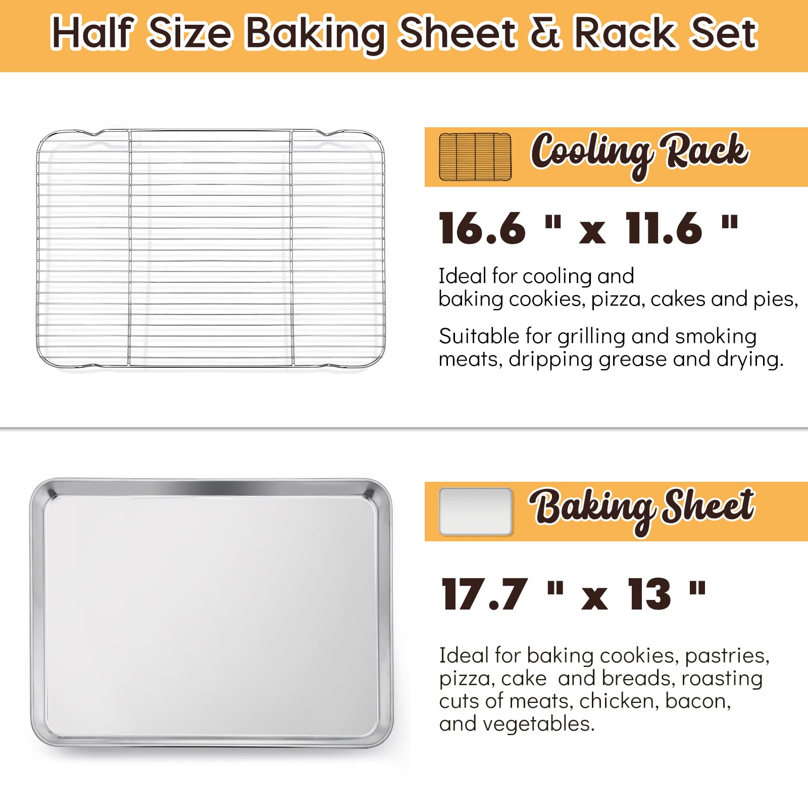 E-far Cookie Sheet with Rack Set, Half Sheet Baking Pan for Oven Cooking, 18βx13β Stainless Steel Rimmed Tray with Wire Cooling Rack for Roasting Broiling Bacon Meat Steak - Dishwasher Safe