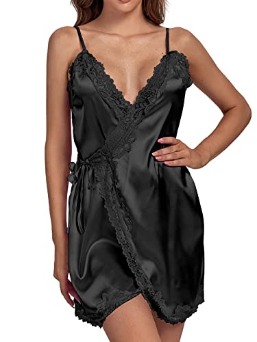 LYANER Women's Satin Lace Trim Babydoll Spaghetti Strap Wrap Tie Chemise Sleepwear Mini Dress Black Small
