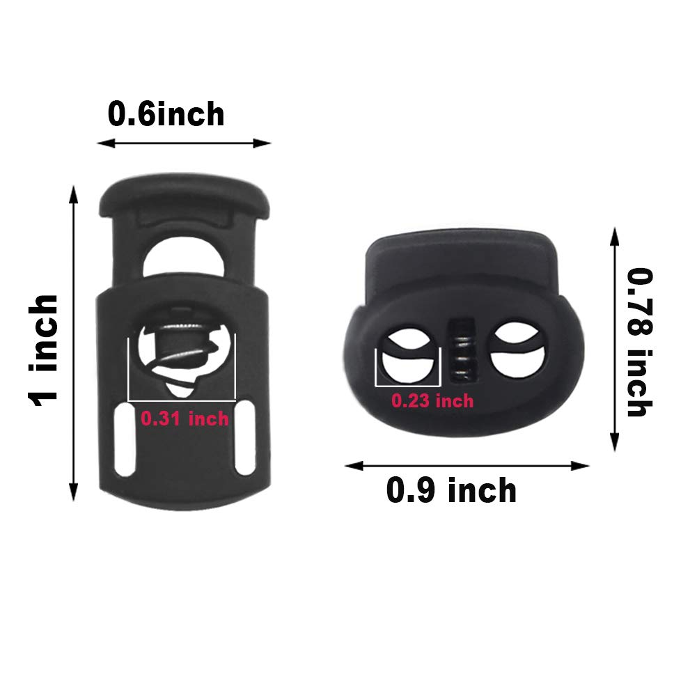 CousDUoBe 30 Pcs Plastic Cord Locks End Spring Stopper,Suit for Drawstrings, Bags, Shoelaces, Clothing, More (15 Double-Hole, 15 Single-Hole, Black