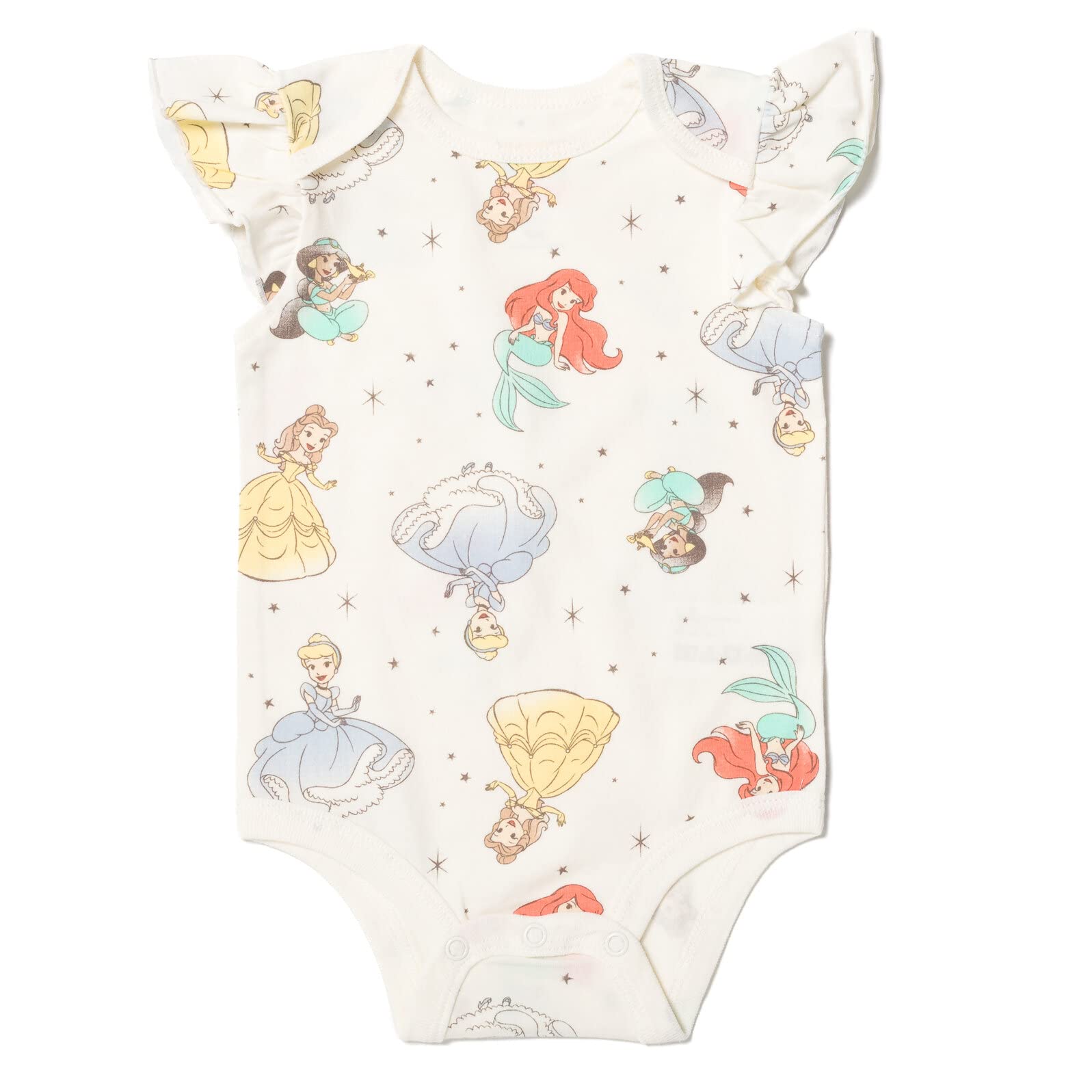 Disney Princess Ariel Cinderella Belle Newborn Baby Girls 4 Pack Cuddly Snap Bodysuits made with Organic Cotton 3-6 Months