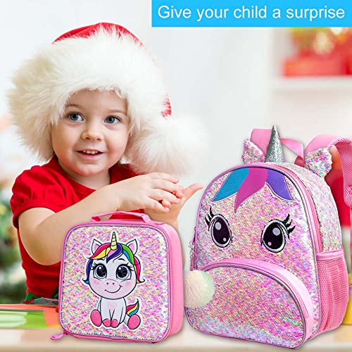 gxtvo 3PCS Unicorn Backpack for Girls, Toddler Sequin Preschool Bookbag, 12.5" Cute Cartoon Animal Schoolbag