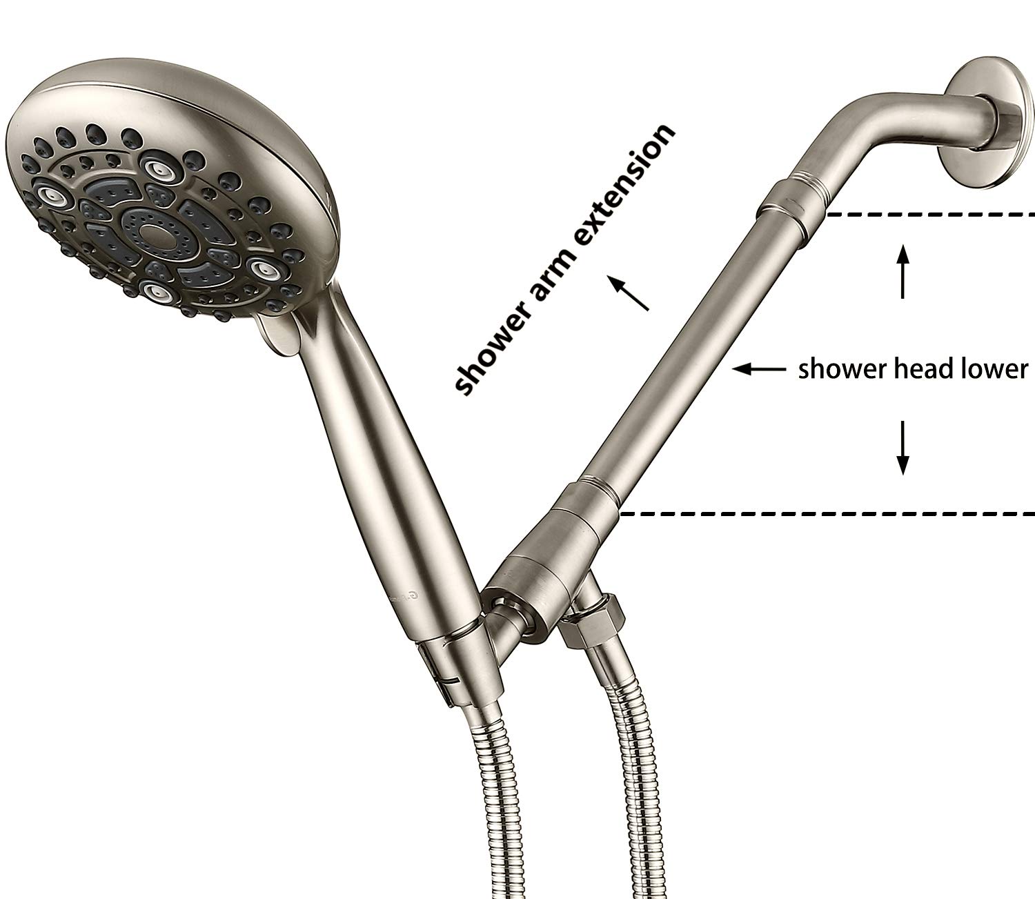 G-Promise 7 Inches Shower Head Extension Arm, Shower Arm Extension, Shower Head Extender, Lower Shower Head, All Solid Brass Construction (Brushed Nickel)