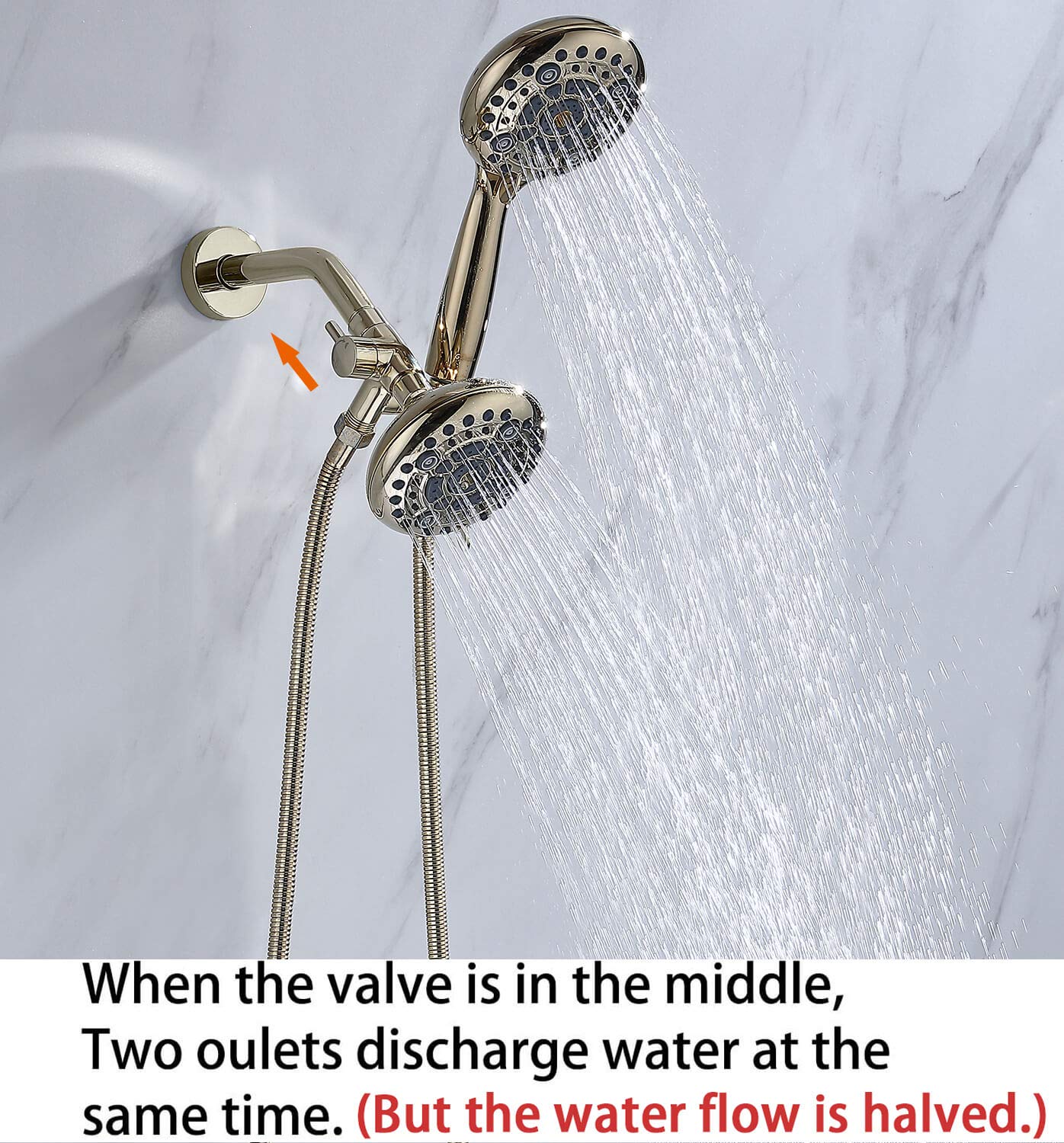 G-Promise High Pressure Dual Shower Head Combo | 72 Inches Flexible Stainless Steel Hose, 3-Way Solid Brass Diverter Bracket (Polished Brass)