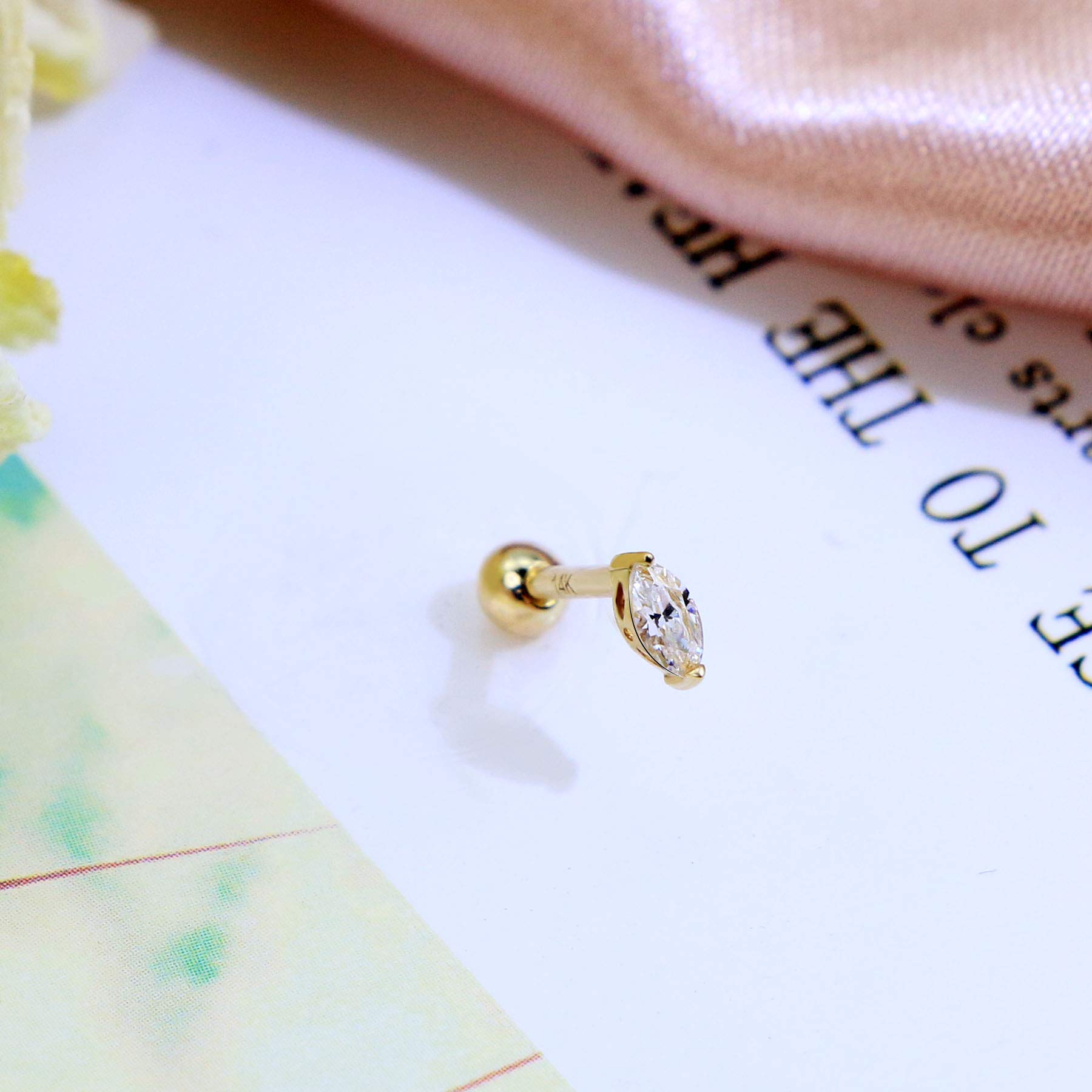 COCHARM 14K Solid Gold Helix Earring Stud Yellow Gold Cartilage Earring Stud Marquise CZ 14Kt Real Gold Helix Cartilage Piercing Jewelry for Women Men