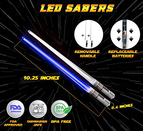 LIGHTSABER CHOPSTICKS LIGHT UP STAR WARS LED Glowing Light Saber Chop Sticks REUSABLE Sushi Lightup Sabers Removable Handle Dishwasher Safe 8 Color Modes 1 Pair