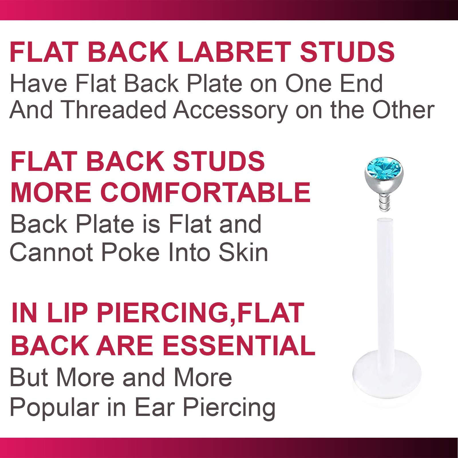 bodyjewellery 3pcs 16g 13mm Labret Stud Lip Rings Bioflex Internally Threaded Push In Forward Helix Snake Bite Surgical Steel - Aquamarine