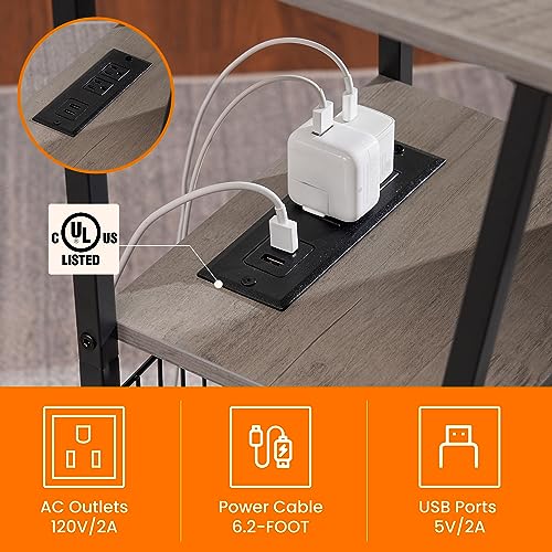 Heybly Side Table C Shaped Nightstand End Sofa Table with Charging Station, Phone Holder, 2 USB Ports and Power Outlets, Snack Couch Tables for Small Spaces, Greige and Black HET001CSG1