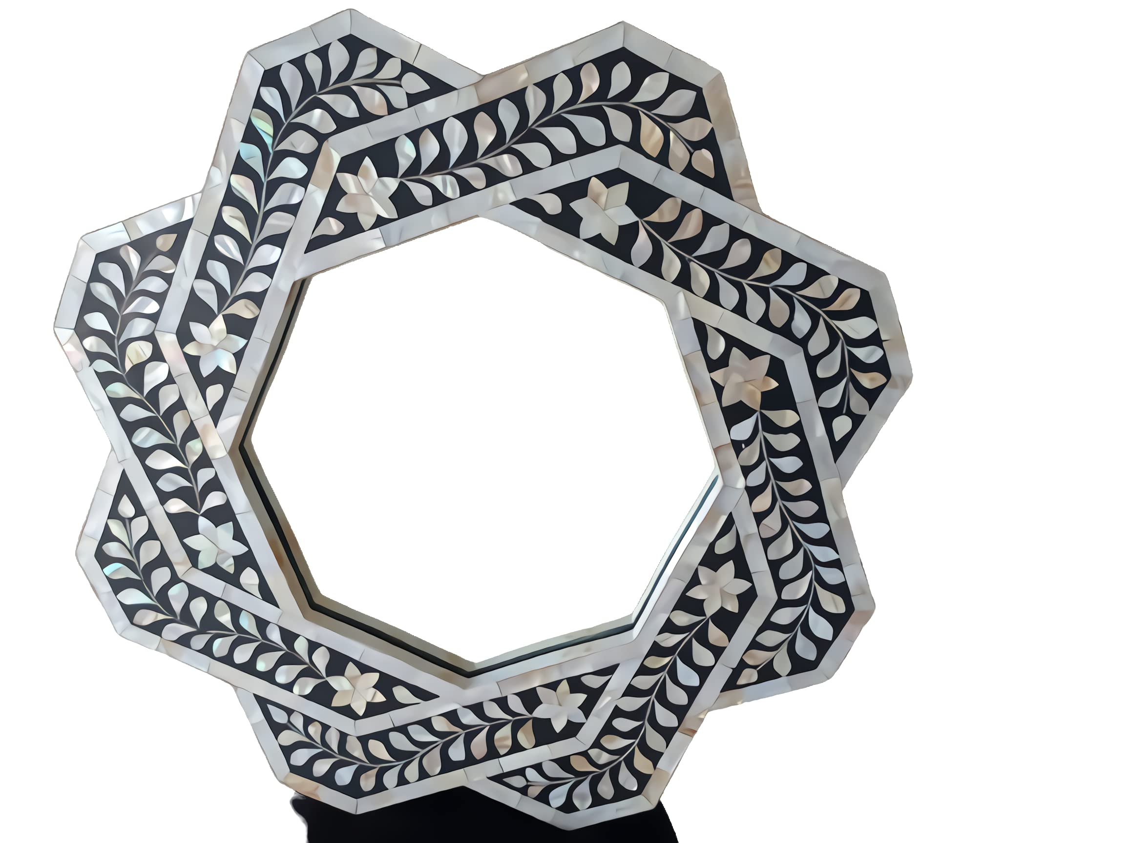 Handmade Mother Of Pearl Inlay Hexagonal Black Floral Pattern Mirror Frame | Handmade MOP Inlay Mirror Frame For Home Decor