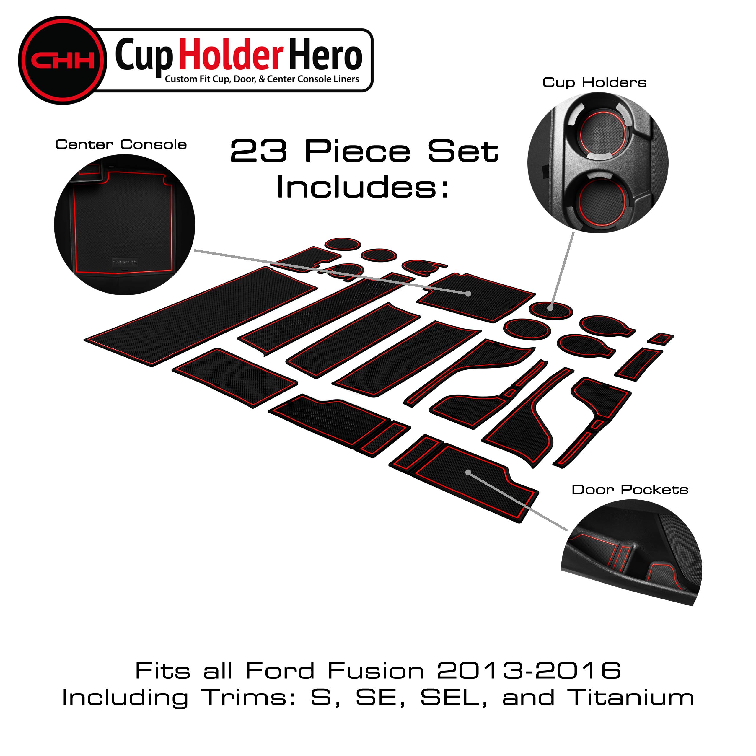 CupHolderHero fits Ford Fusion Accessories 2013-2016 Premium Custom Interior Non-Slip Anti Dust Cup Holder Inserts, Center Console Liner Mats, Door Pocket Liners 23pc Set (Red Trim)