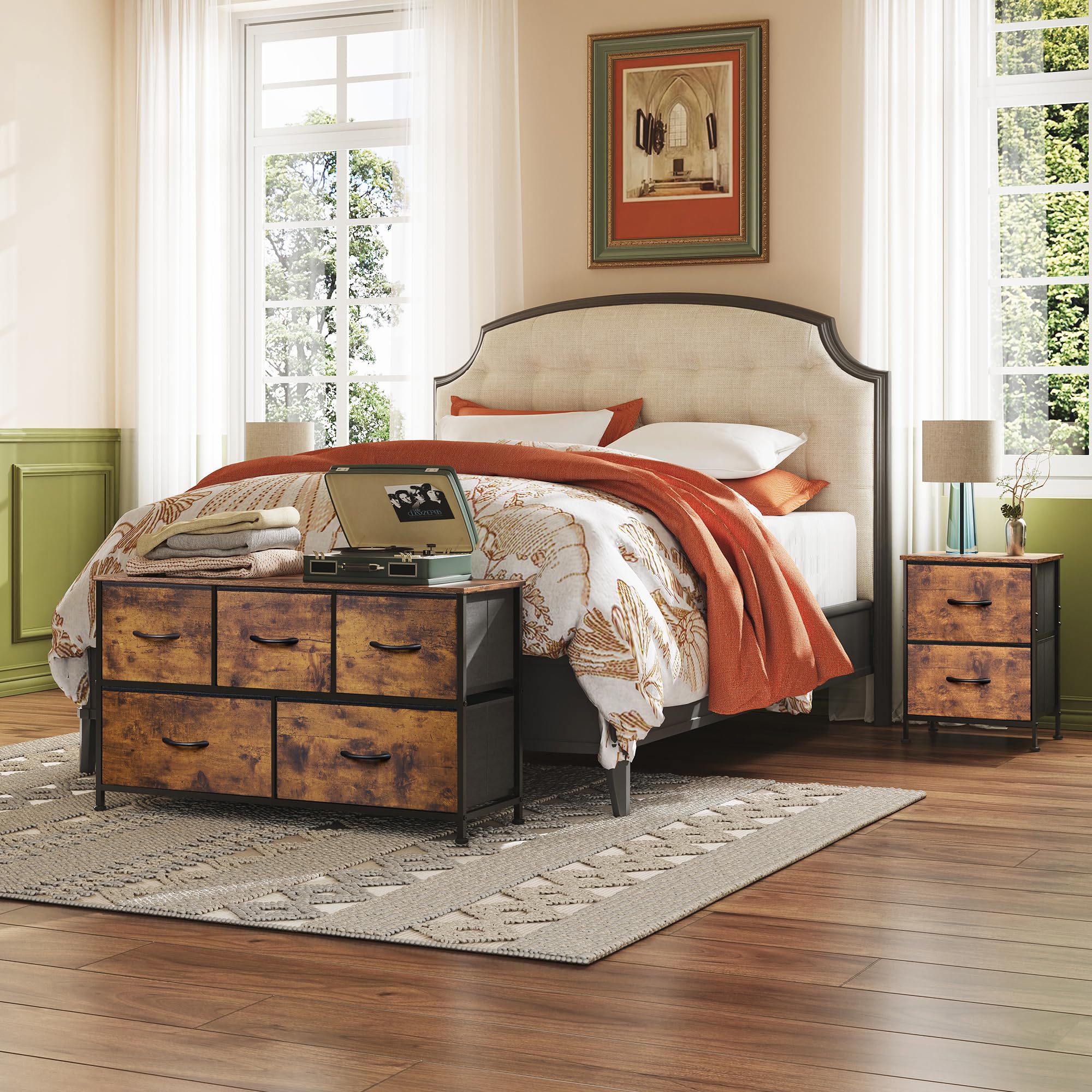 WLIVE 2-Drawer Nightstand and 5-Drawer Dresser Set, Fabric Storage Tower for Bedroom, Hallway, Closets, Tall Chest Organizer Unit with Textured Print Fabric Bins, Steel Frame, Wood Grain Print