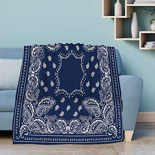 Kamoxi Navy Blue Bandana Print Blanket Vintage Flowers Paisley Floral Throw Blankets for Men Women Fluffy Fleece Flannel Soft Cozy Sofa Chair Bed Couch Blanket Decor Camping Travel Quilts 50"x40"