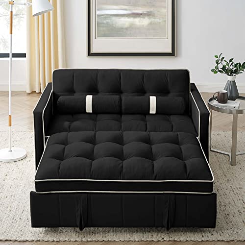 JEEOHEY Sleeper Sofa Couch w/Pull Out Bed, 55.5" New Upgraded Tufted Velvet Convertible Sleeper Sofa Bed, Small Love seat Sofa Bed w/ 2 Pillows for Small Space, Living Room, Apartment, Black