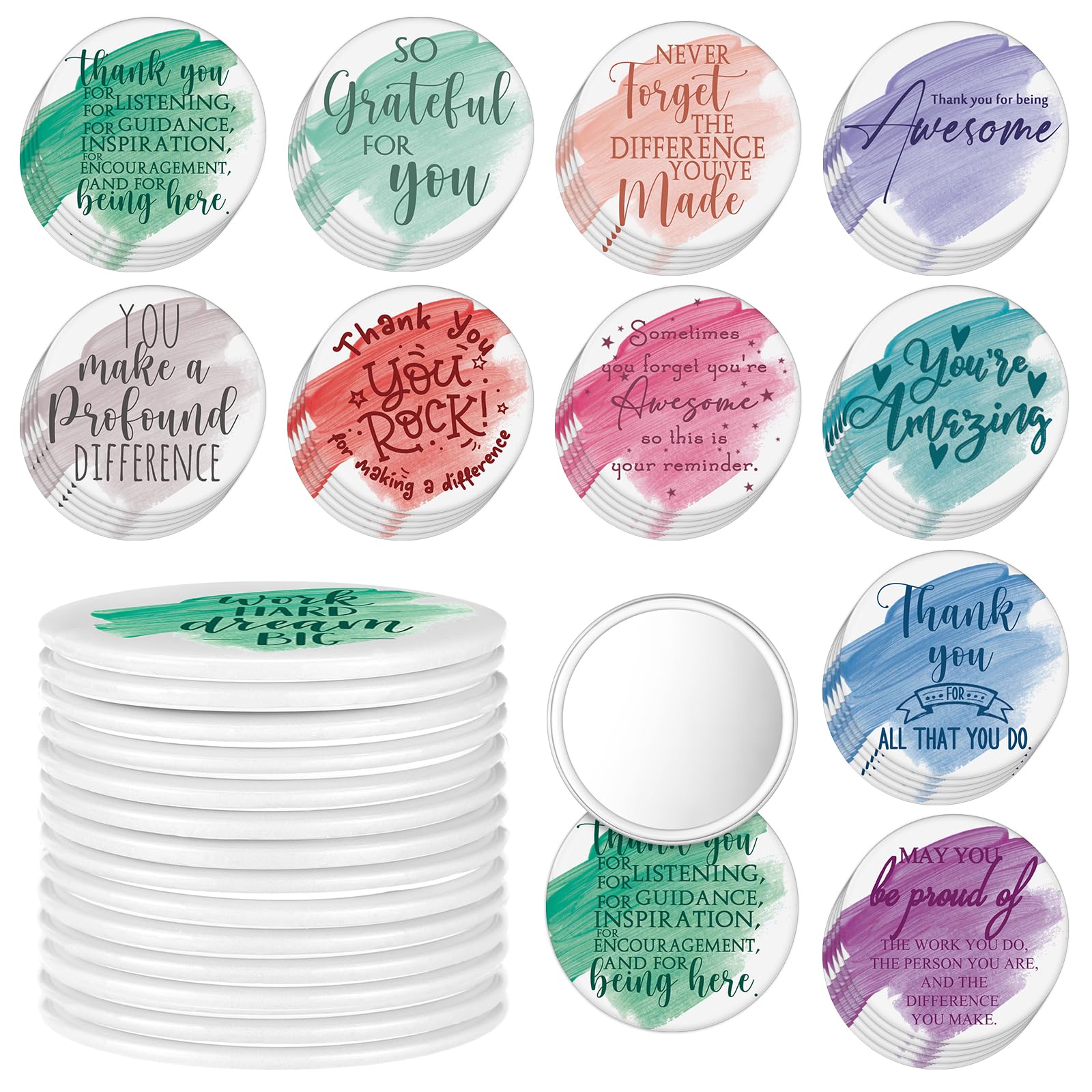 Kigley 50 Pcs Employee Appreciation Gifts Inspirational Compact Mirrors Bulk Round Pocket Mirror for Women Portable Makeup Mini Mirror for Teachers Coworker Secretaries Nurse Students