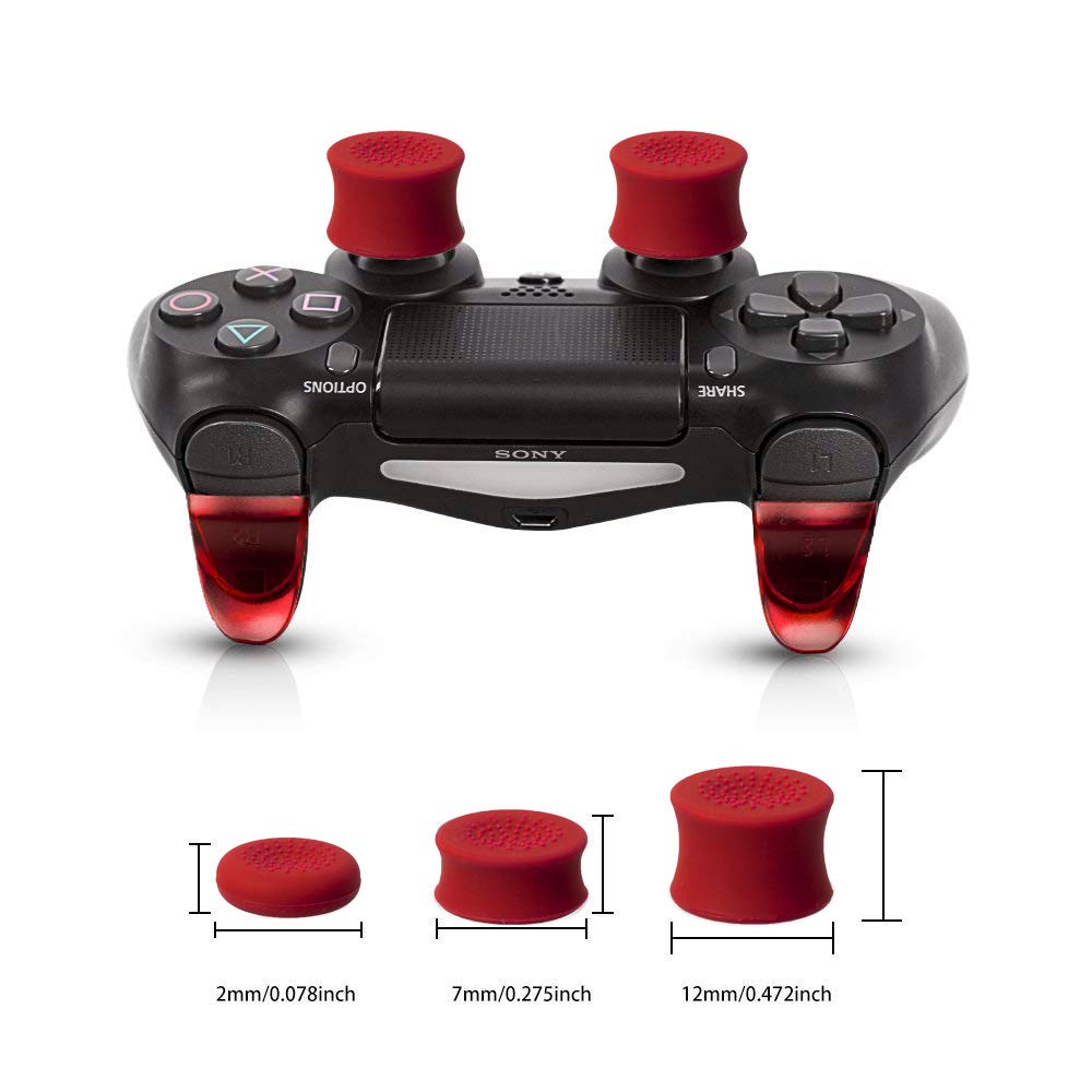 PS4 FPS Games Accessories Kit Anti Slip Silicon Analog Stick Thumb Grips Set with Trigger Extensions for PlayStation 4 / Slim/Pro Controller (Red)