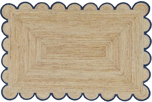 KALVEERA Boho Jute Area Rug for Home decore Rectangular Scalloped Vintage Jute Area Rug Carpet Navy 2' x 3'
