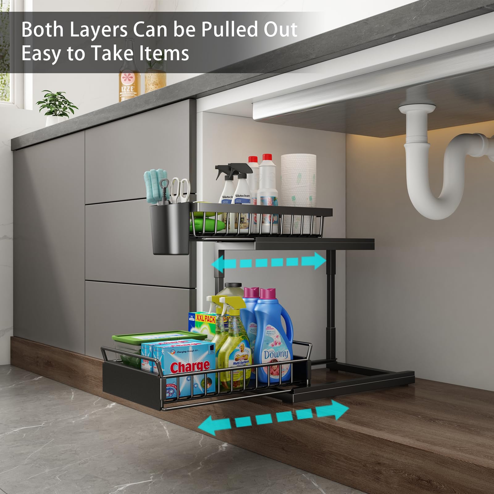 CICUFY Metal Under Sink Organizer,2-Tier Double Sliding Under Sink Storage for kitchen & Bathroom Cabinet-Black