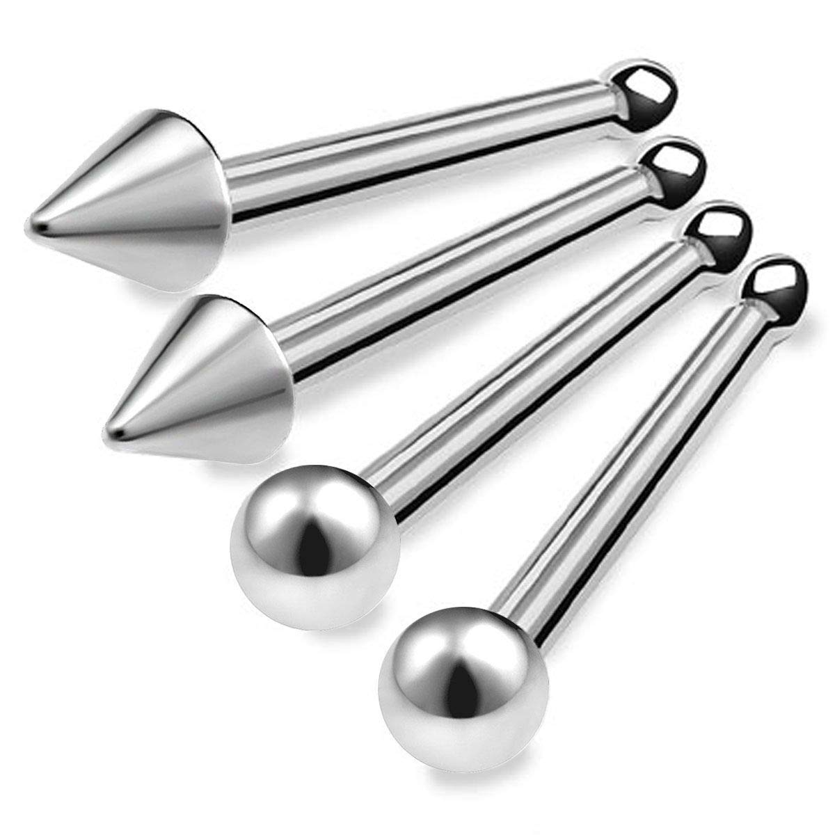 bodyjewellery 4pcs 20g 0.8mm Nose Stud Bone Straight Bar Nostril Ring Surgical Stainless Steel 2mm Cone Spike 2mm Ball