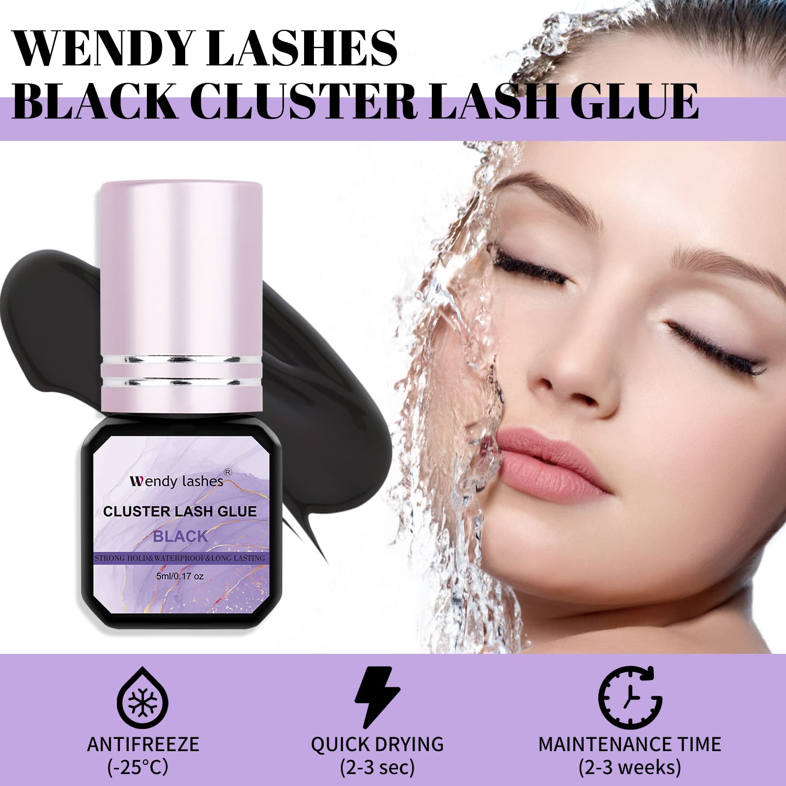 Cluster Lash Glue Black Sensitive Waterproof Lash Glue Long Lasting DIY Lash Glue and 2 Style Wide-stem Lash Clusters C/D Curl Thin Band Cluster Lashes
