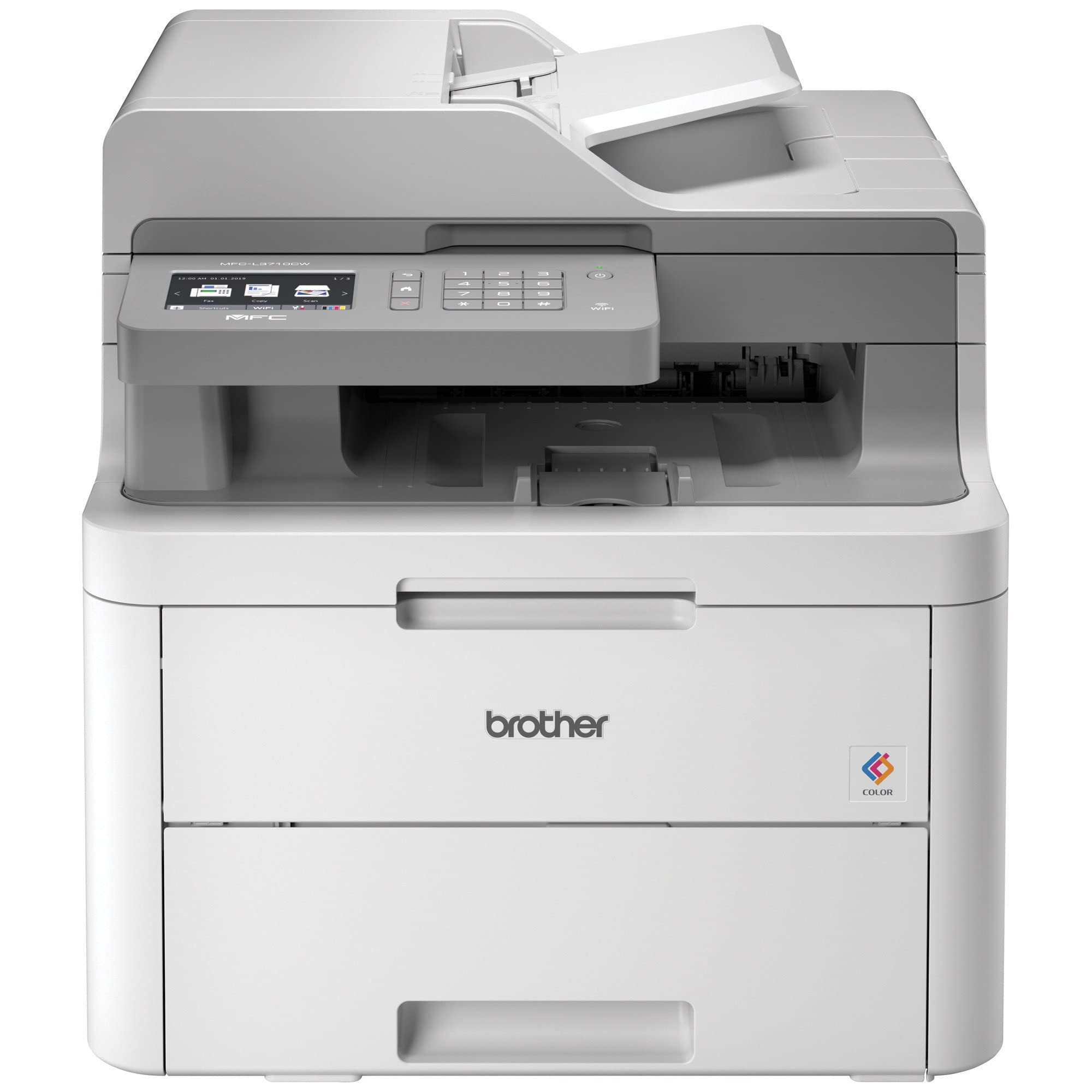 Brother Color MFC-L3710CW All-in-One Wireless Digital Laser Printer, White - Print Copy Scan Fax - 3.7" LCD Touchscreen, 19 ppm, 600 x 2400 dpi, 8.5 x 14, 50-Sheet ADF, 250-sheet, BROAG Printer Cable