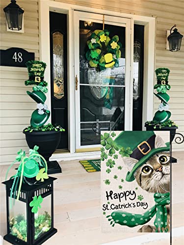 Happy St Patricks Day Garden Flag for Outdoor,Cat with Green Hat Scarf Shamrock Small Yard Flag,Spring Saint Patrick Decors for Outside Farmhouse Holiday 12x18 Double Sided