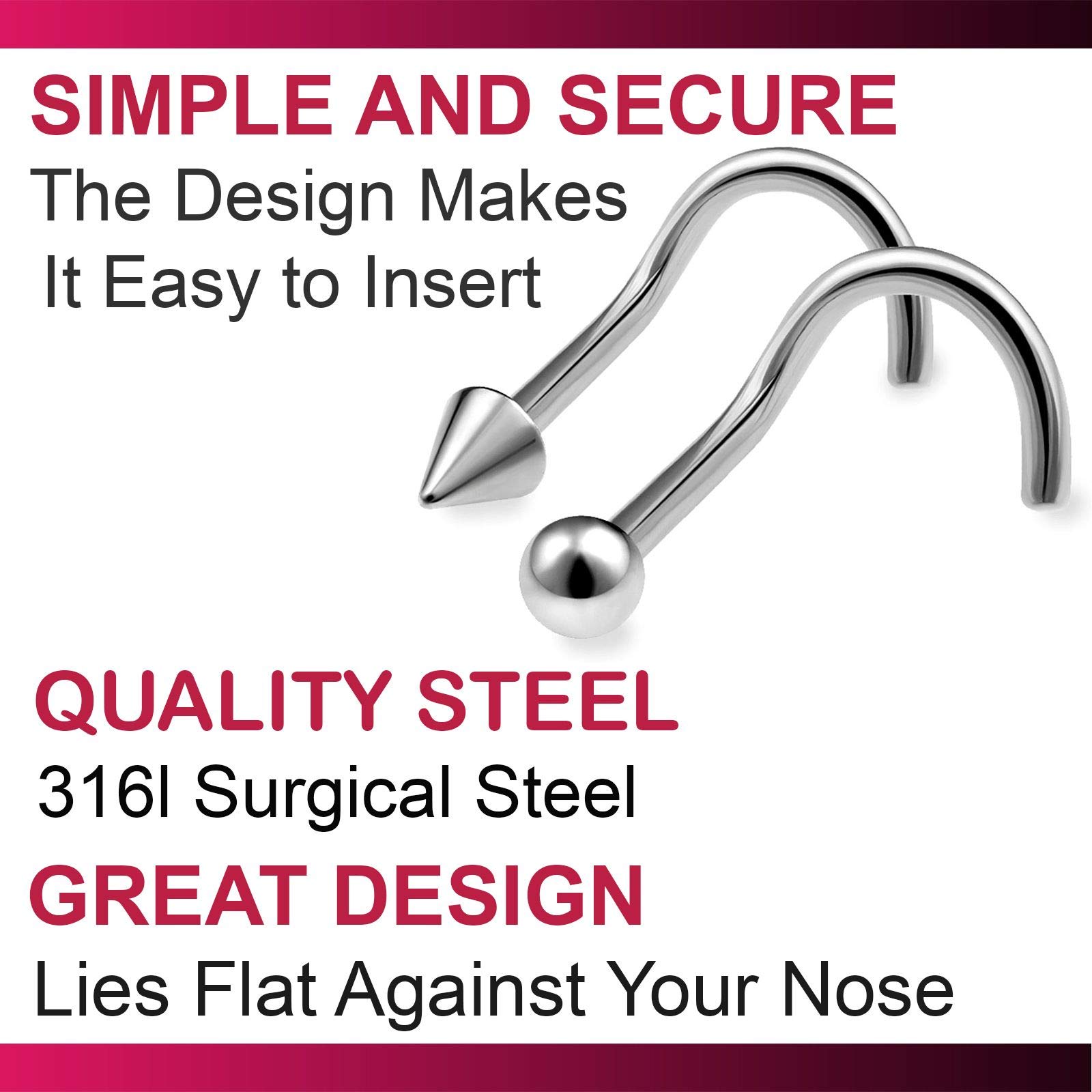 bodyjewellery 4pcs 20g 0.8mm Nose Screw Rings Nostril Stud Surgical Stainless Steel 2mm Cone Spike 2mm Ball