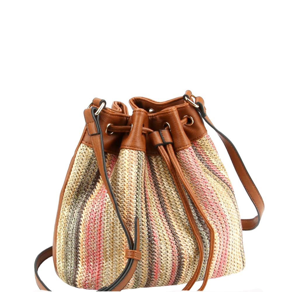 Boho Vegan Leather Multicolor Faux Straw Bucket Shoulder Bag Hobo Tote Crossbody Purse (Multicolored Straw Bucket - Multi2)