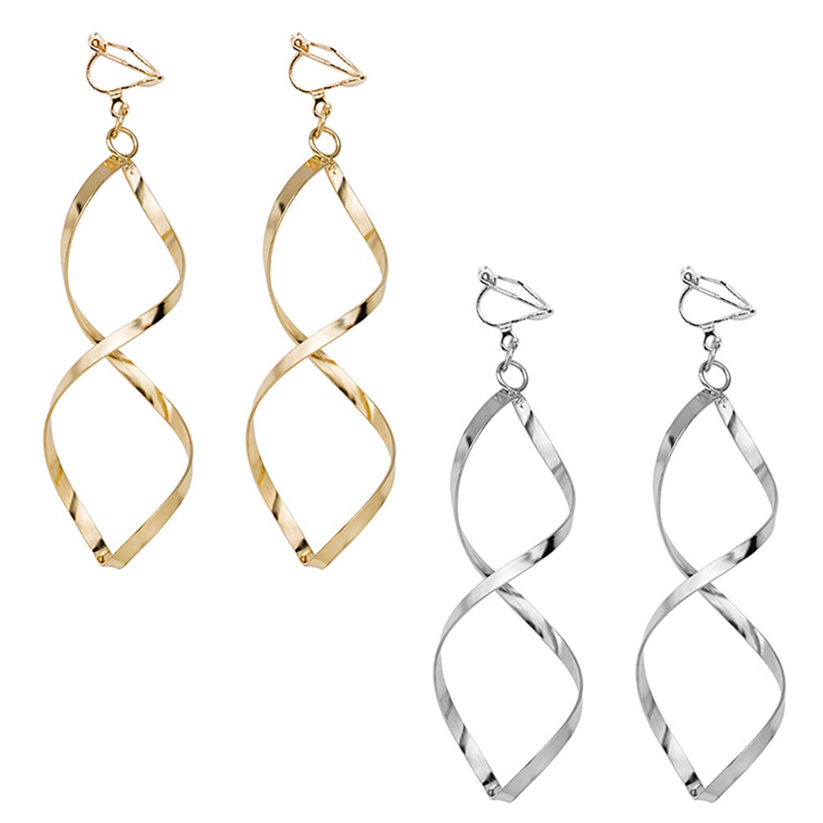 coadipress 2 Pairs Twisted Clip On Earrings for Women Fashion Gold Silver Plated Spiral Curved Wave Statement Clip-on Earrings Non Piercing Earrings (2 Pairs Twisted Clip)