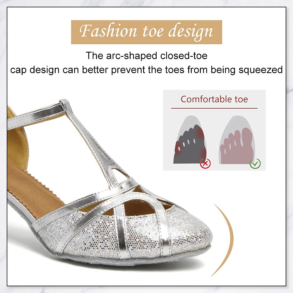DKZSYIM Glitter Women Latin Dance Shoes Closed Toe Ballroom Salsa Tango Practice Performence Party Dancing Shoes,511-Silver-5,US 9