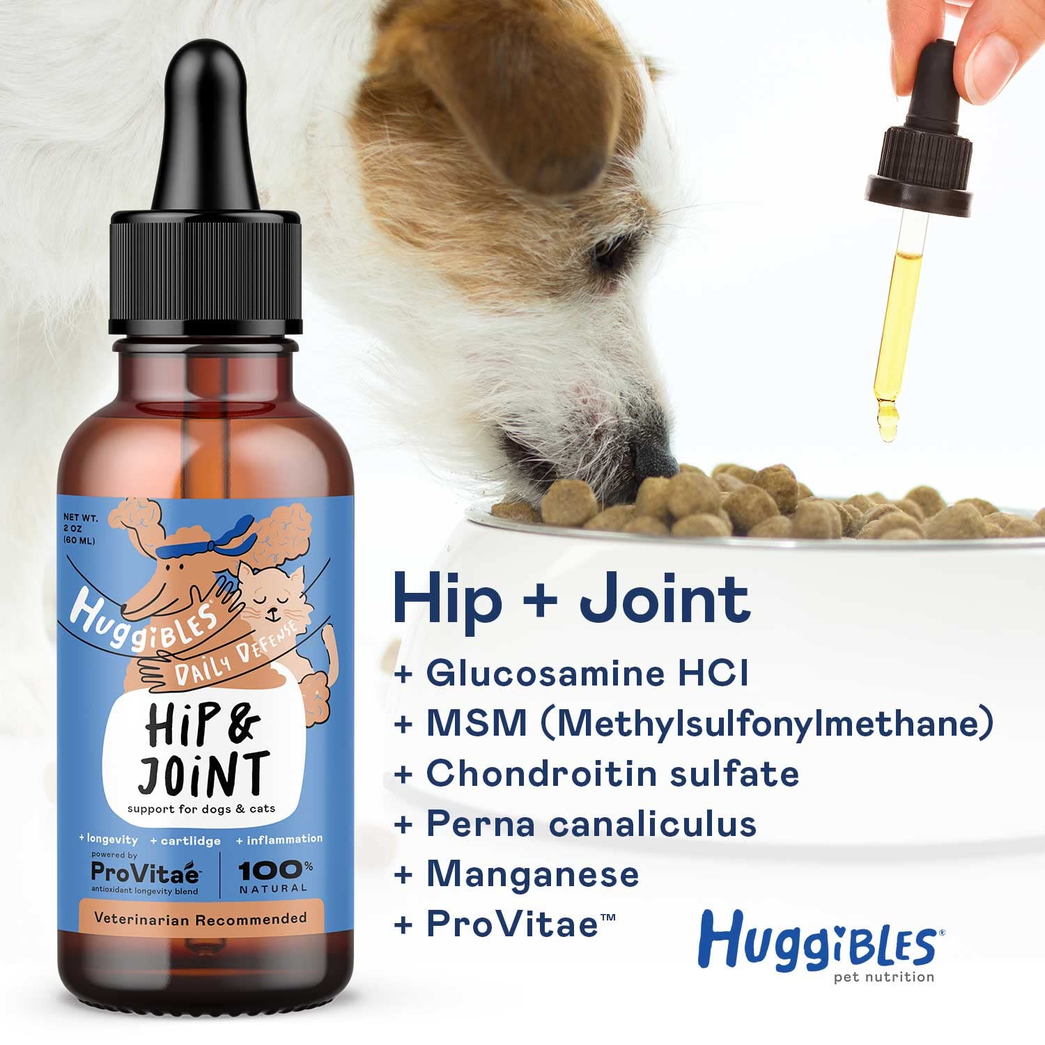 HUGGIBLES Hip & Joint Support Liquid Supplement for Dogs & Cats – Daily Supplement for Mobility Support with Glucosamine, MSM, Chondroitin – Reduce Pain & Inflammation – Antioxidants for Longevity