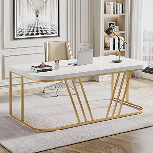 LITTLE TREE 63 inches Executive, Home Office Computer Desk Modern Glod Large Conference Table with Metal Frame, Gold & White